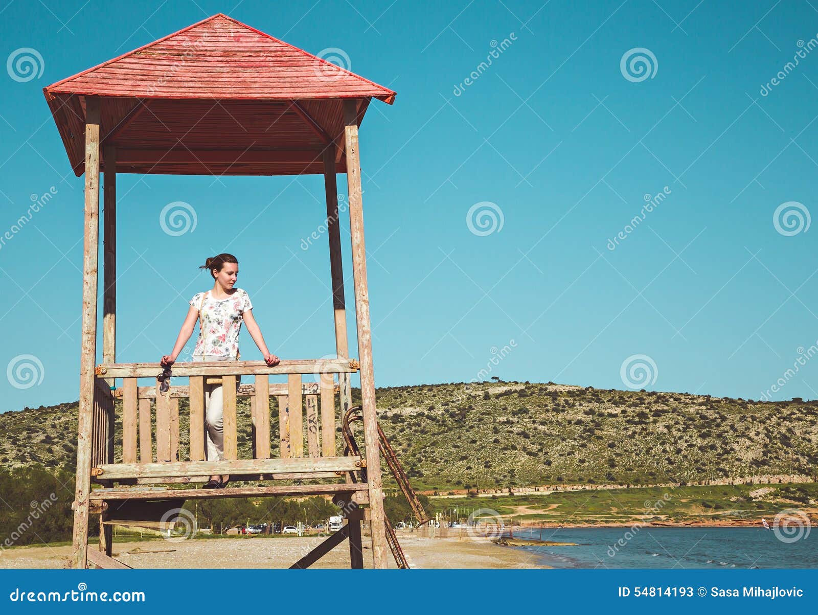 Young Woman Standing on Lifeguard Post Stock Image - Image of beach ...