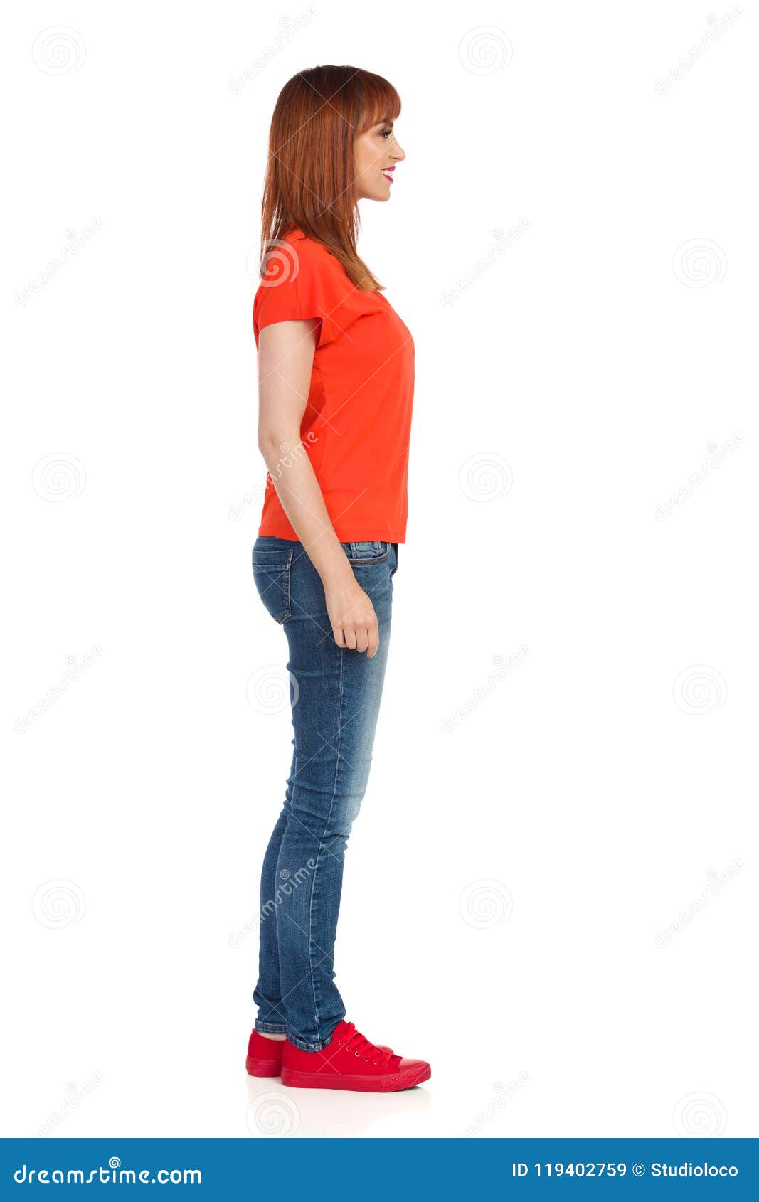 Young Woman is Standing Relaxed and Smiling, Side View. Stock Image ... Young Woman is Standing Relaxed and Smiling, Side View. Stock Image ...