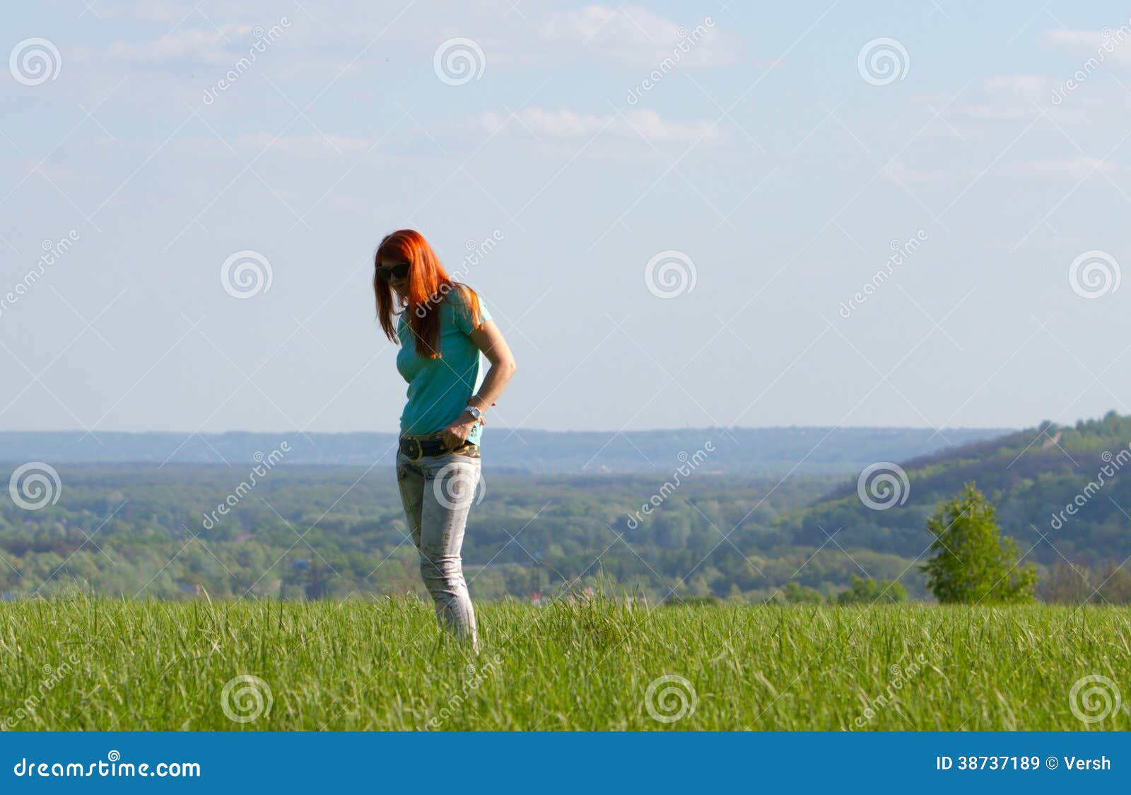 Young Woman Standing on Spring Meadow Stock Image - Image of arms ...