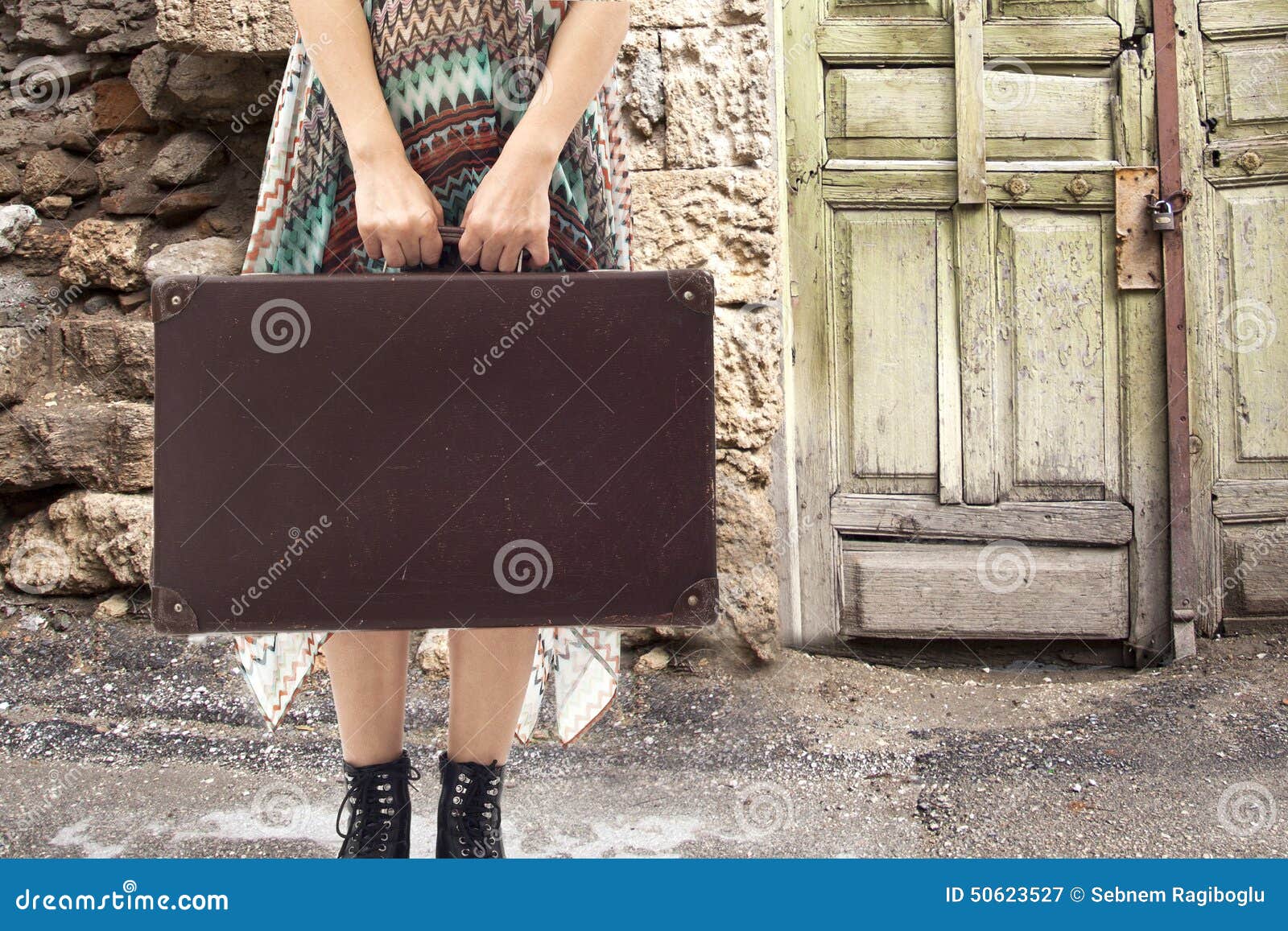 Young Woman Standing with Suitcase on Road Stock Image - Image of door ...