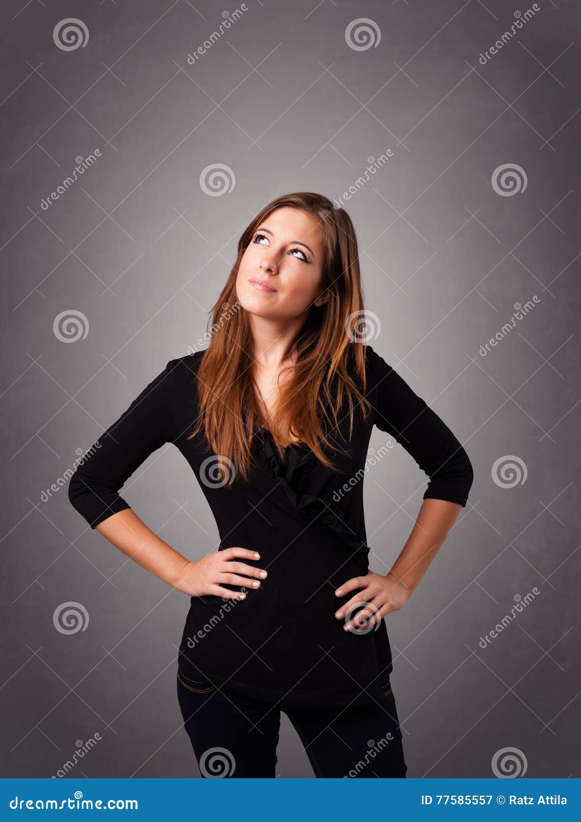 Young Woman Standing and Thinking with Copy Space Stock Image - Image ...
