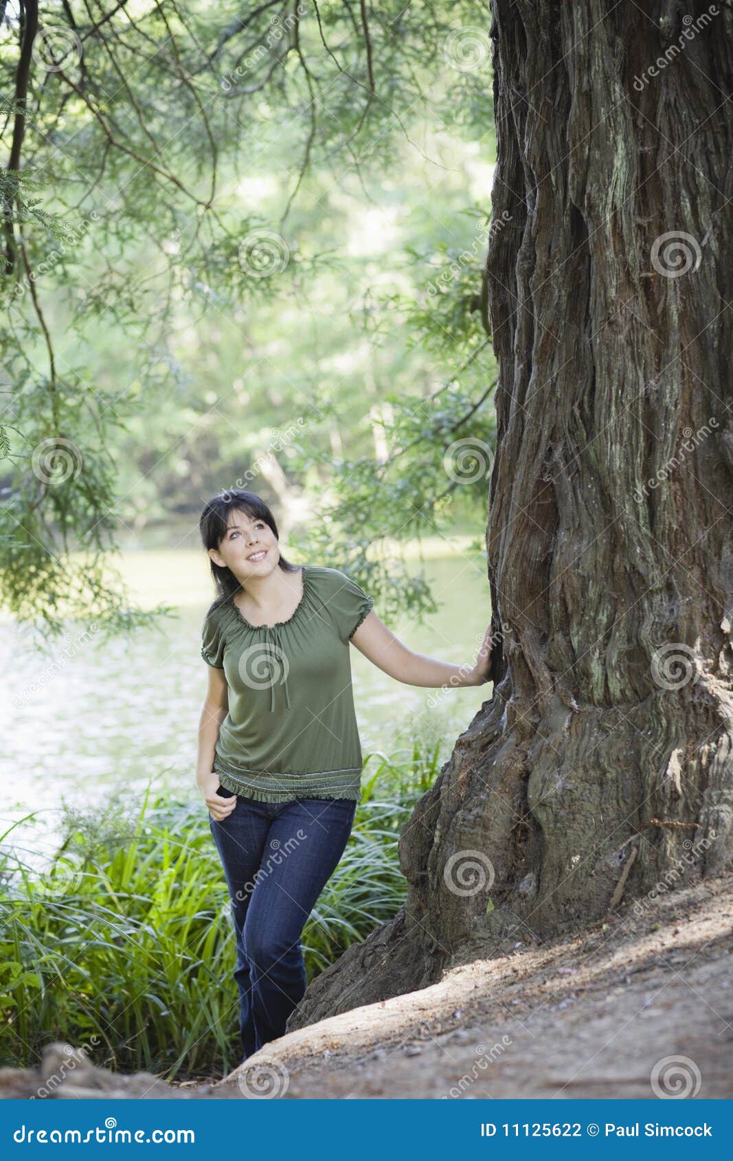 Young Woman Standing by Tree Stock Photo - Image of california, forest ...