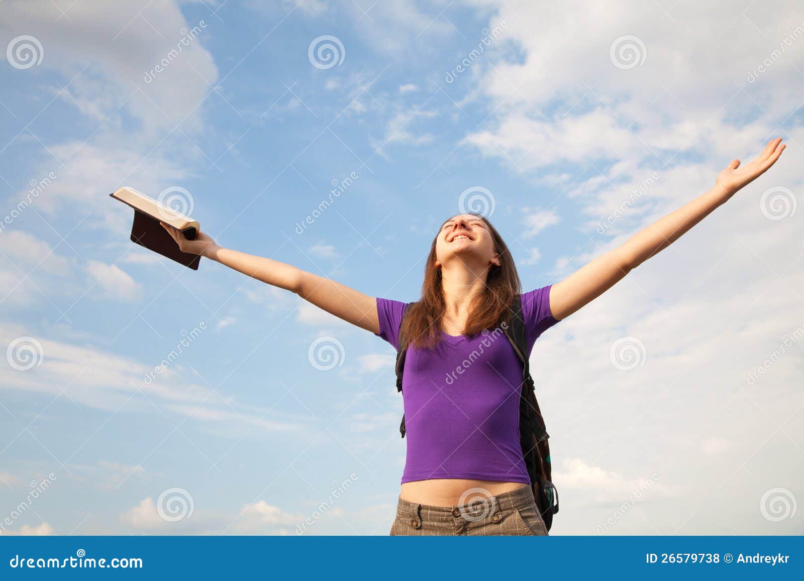 Young Woman Staying with Raised Hands Stock Photo - Image of reaching ...