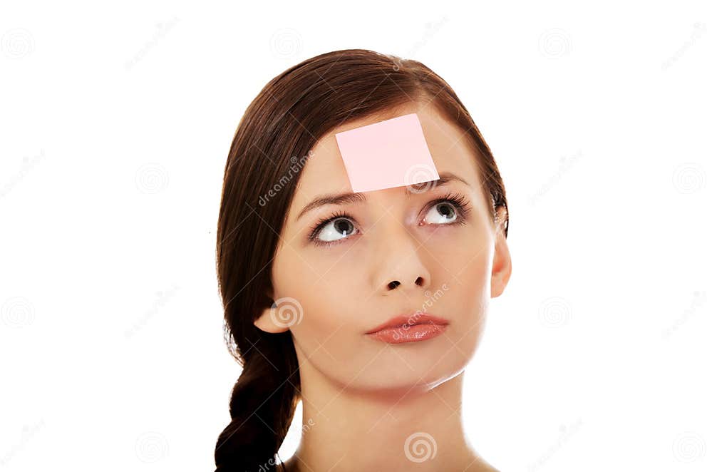 Young Woman with Sticky Notes on Forehead Stock Image - Image of ...
