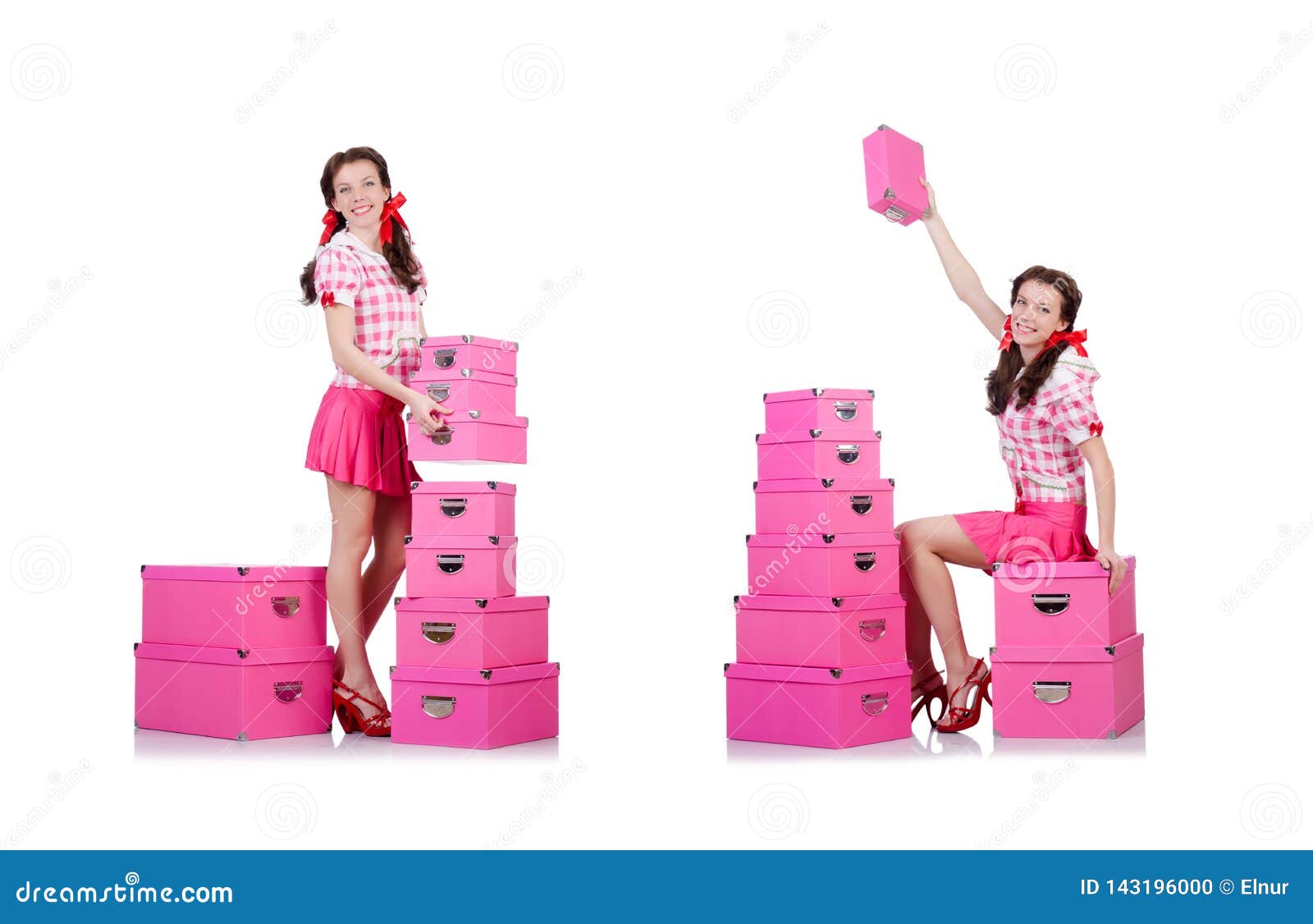 The Young Woman with Storage Boxes on White Stock Photo - Image of ...