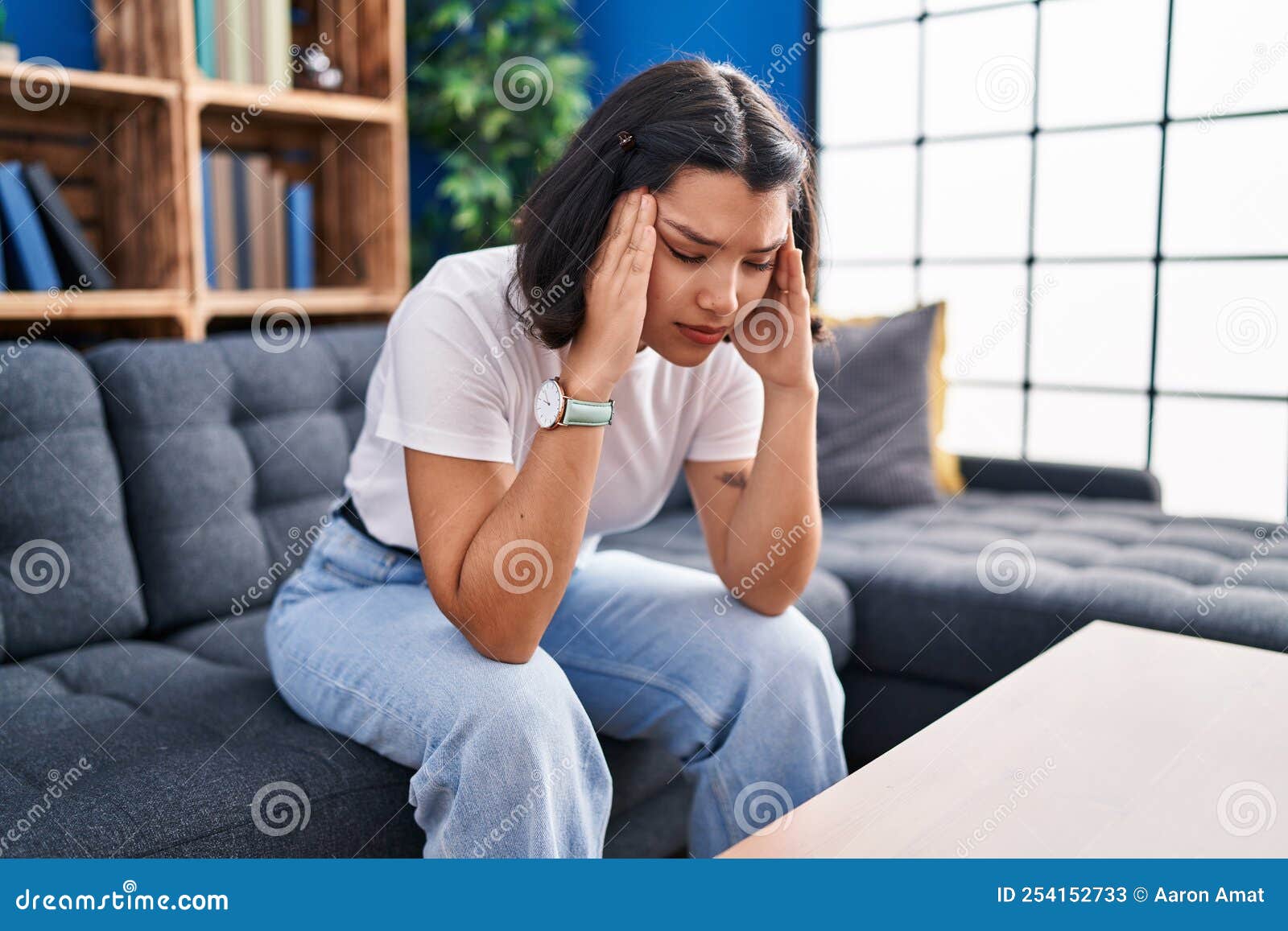 Young Woman Stressed Sitting on Sofa at Home Stock Image - Image of ...