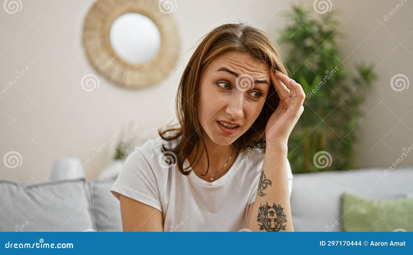 Young Woman Stressed Sitting on Sofa at Home Stock Photo - Image of ...