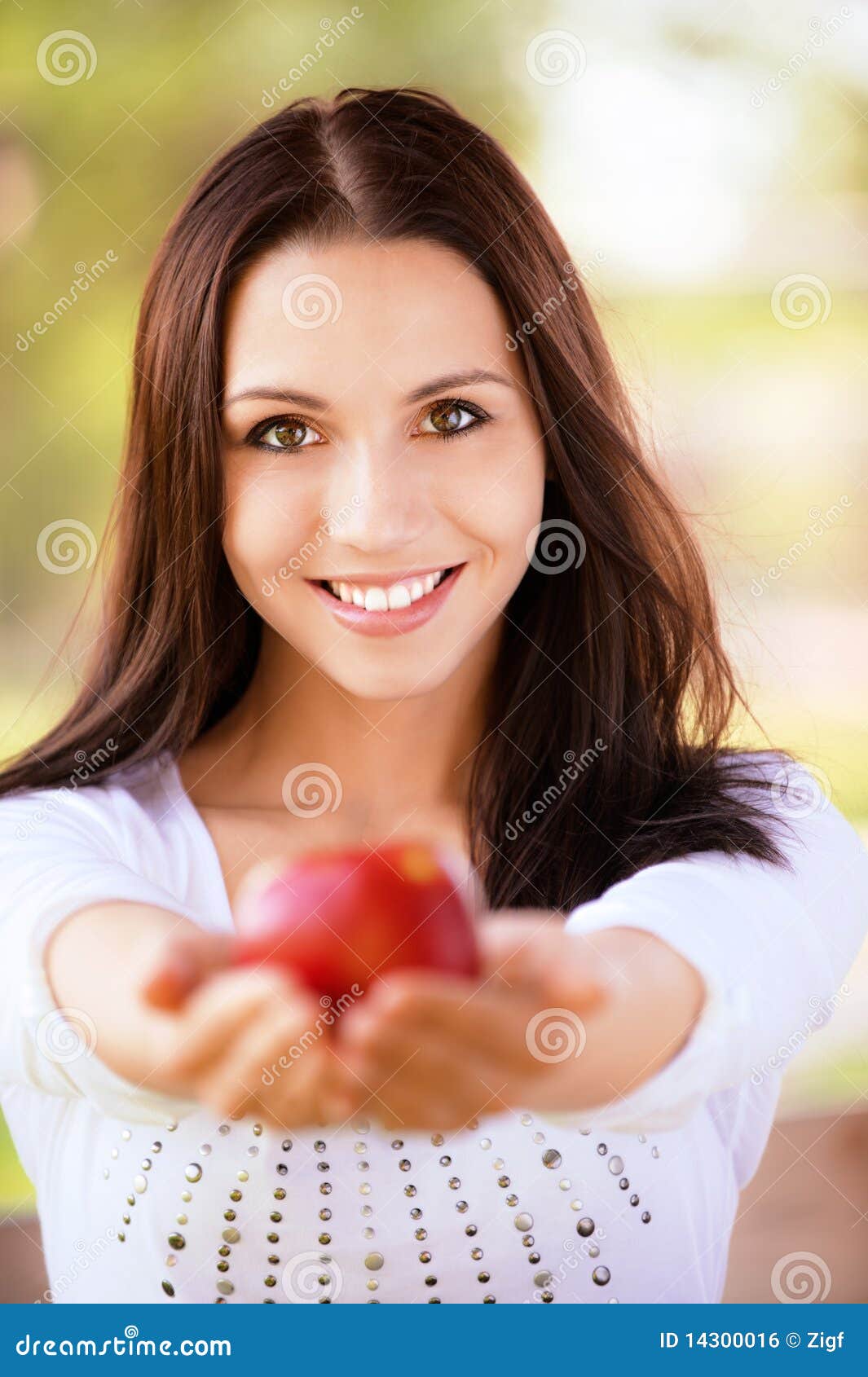 Young Woman Stretches Apple Stock Photo - Image of joyful, background ...