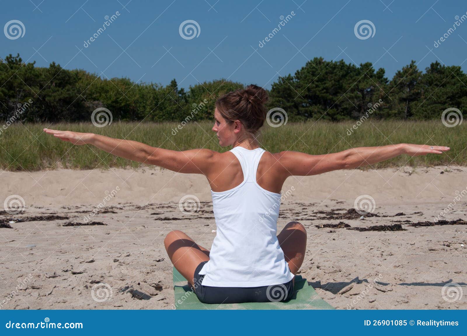 Young Woman Stretching on Beach Stock Image - Image of stretches ...
