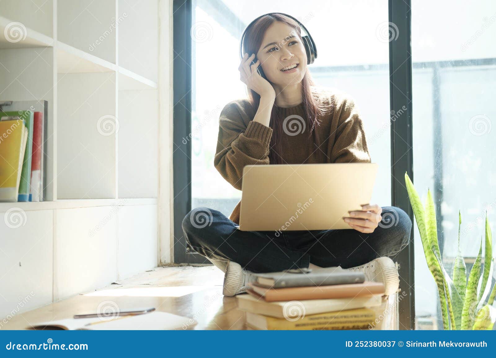 Young Women Study in Front of the Laptop Computer at Home. Stock Image ...
