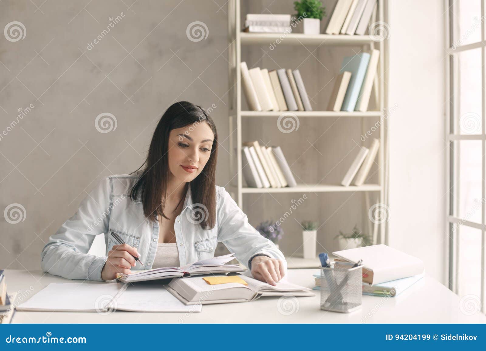 Young Woman Study at Home Alone Education Stock Image - Image of books ...