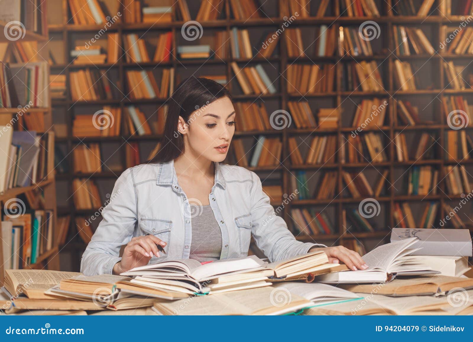 Young Woman Study in the Library Alone Stock Image - Image of exam ...