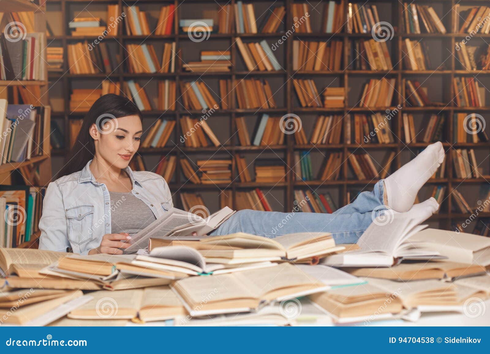 Young Woman Study in the Library Alone Stock Photo - Image of person ...