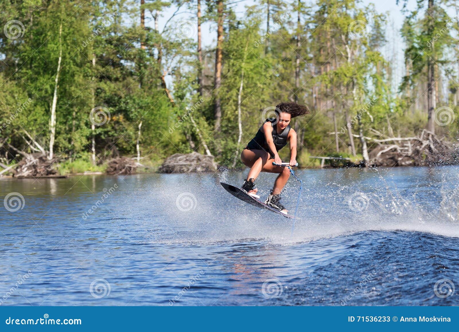 Young Woman Study Riding Wakeboarding on a Lake Stock Image - Image of ...