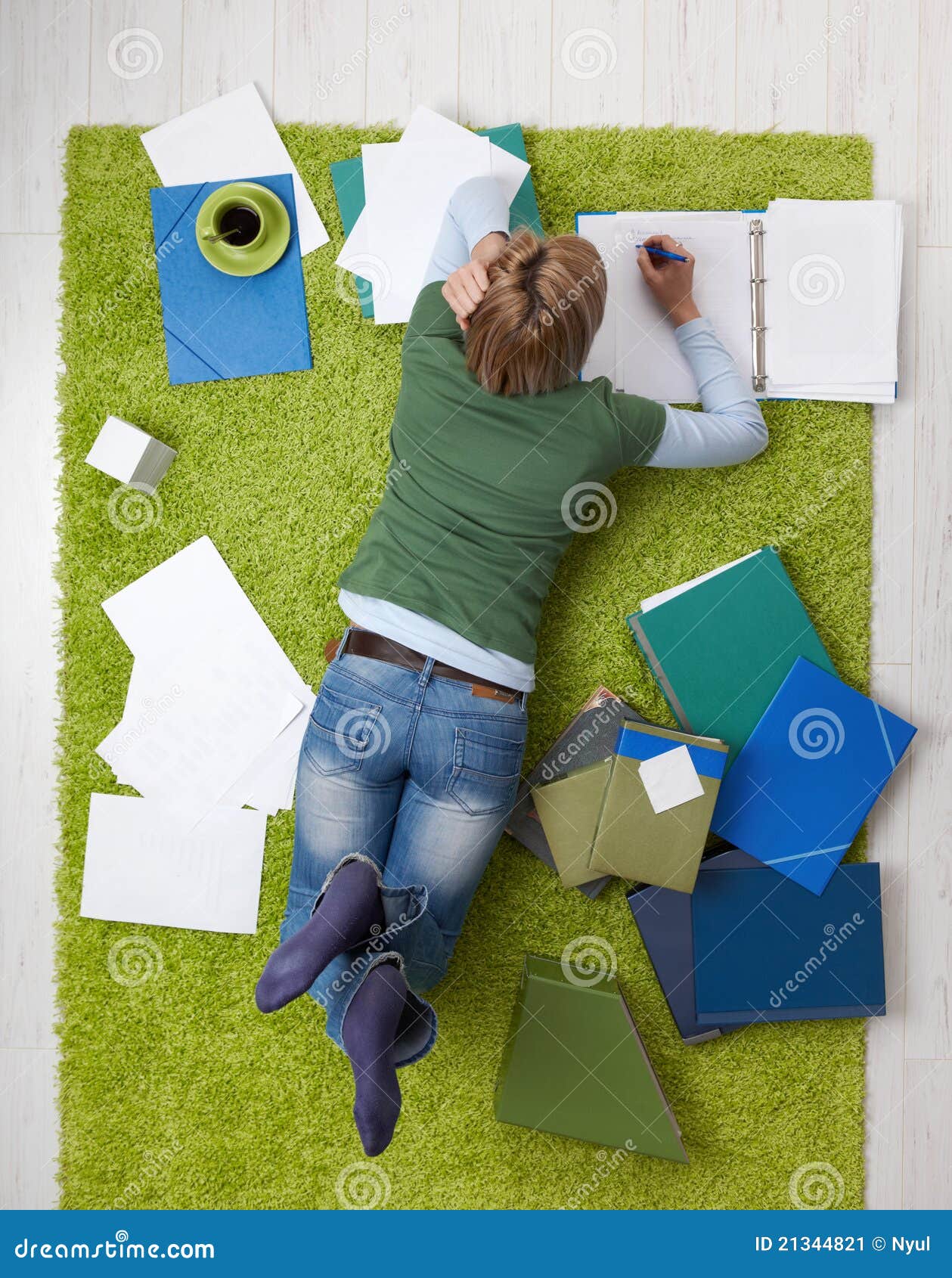 Young Woman Studying on Floor Stock Image - Image of home, folder: 21344821