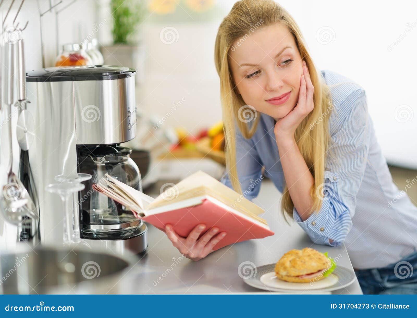 Young Woman Studying in Kitchen Stock Image - Image of cuisine, house ...