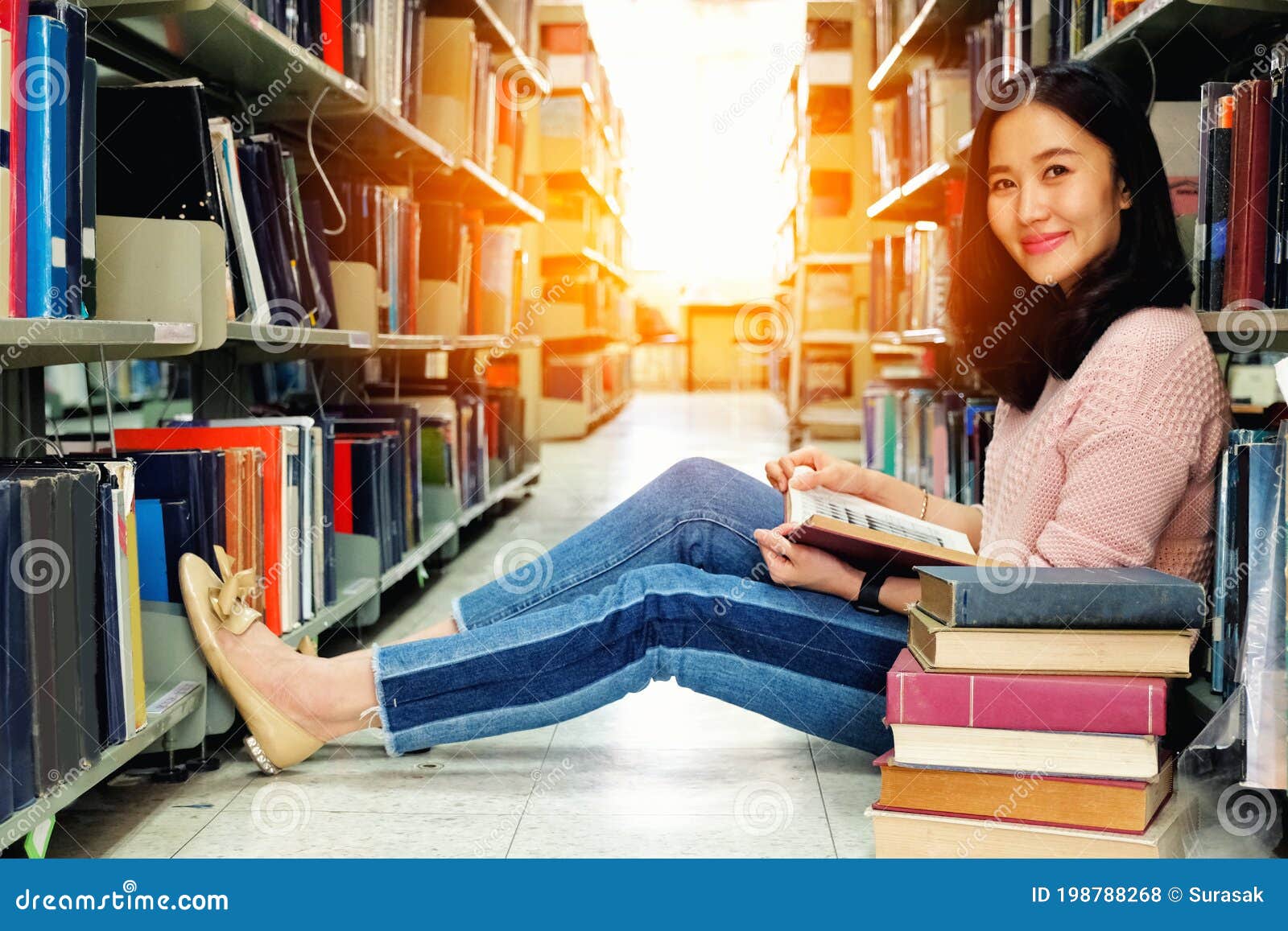 Young Woman Studying in Library Stock Photo - Image of close, cute ...