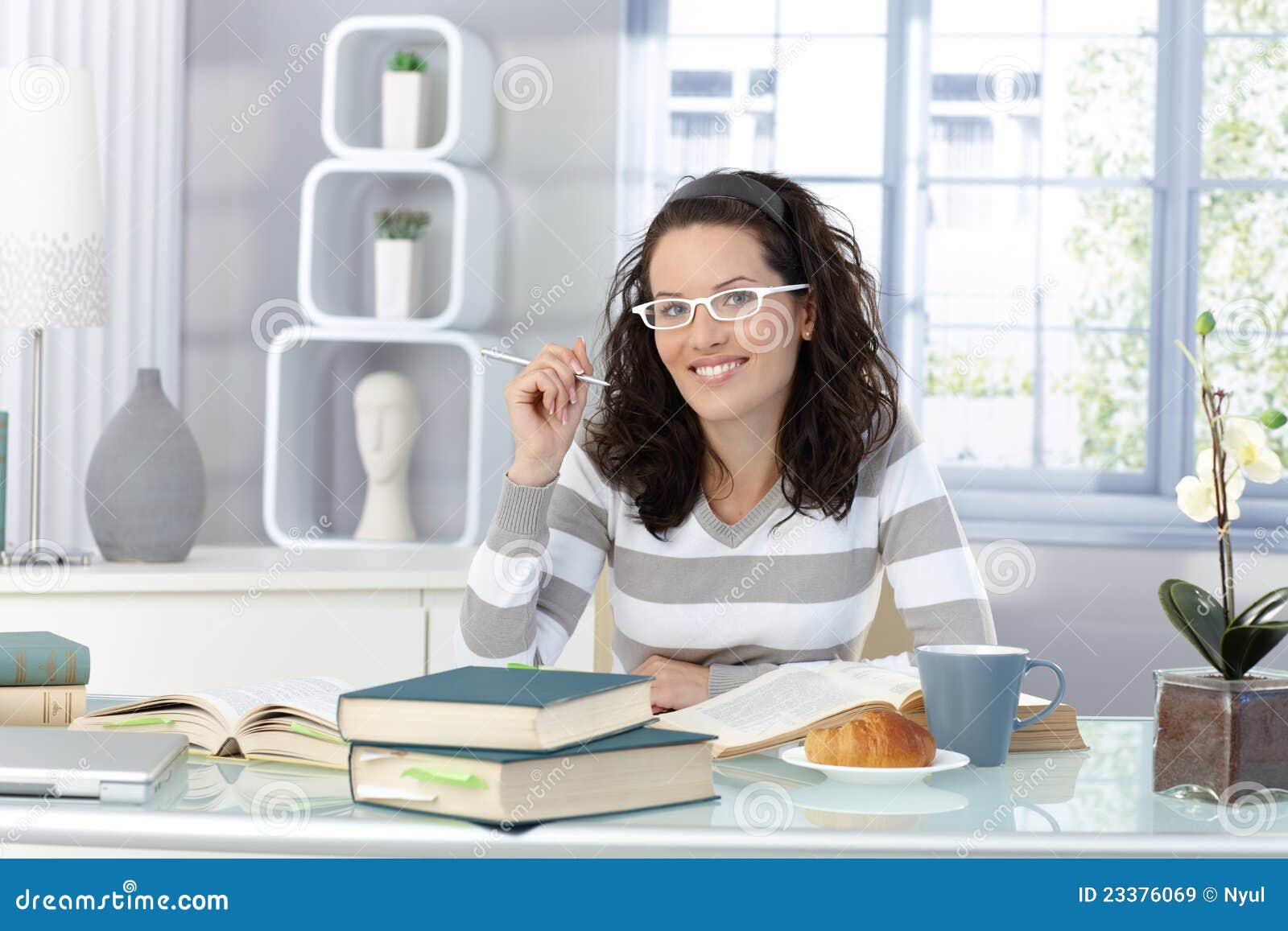 Young Woman Studying in Morning Stock Image - Image of caucasian ...