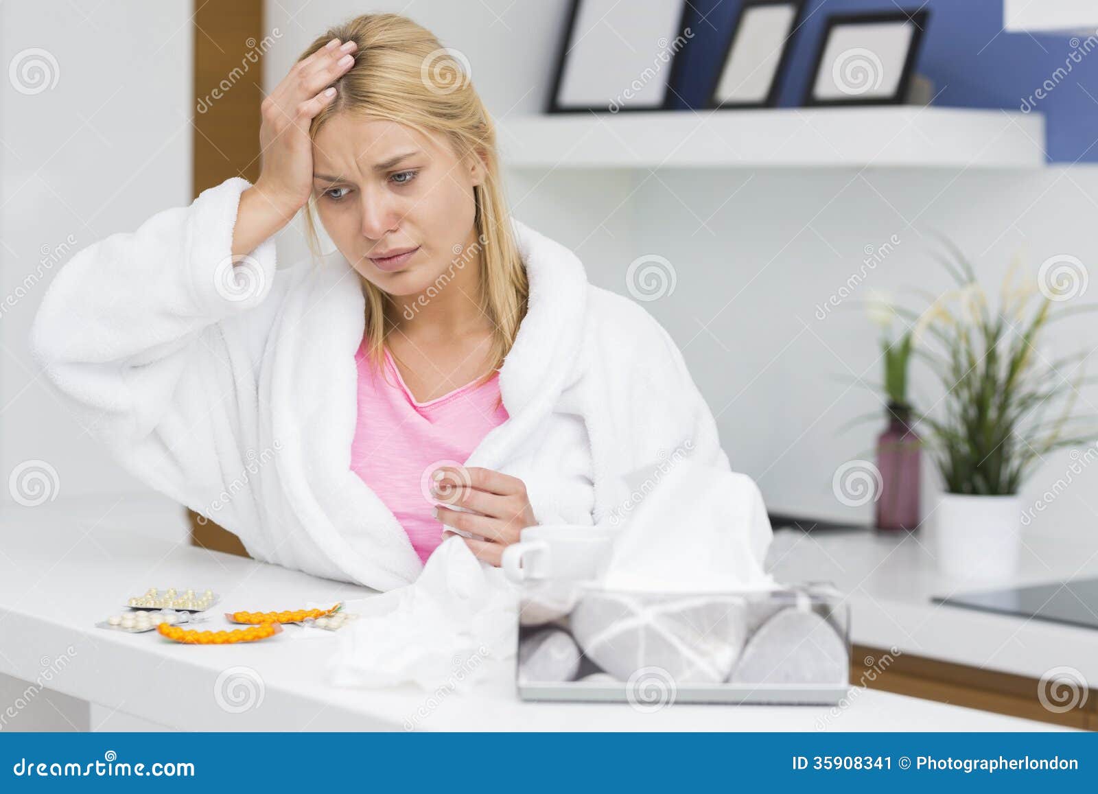 Young Woman Suffering from Cold in Kitchen Stock Image - Image of ...