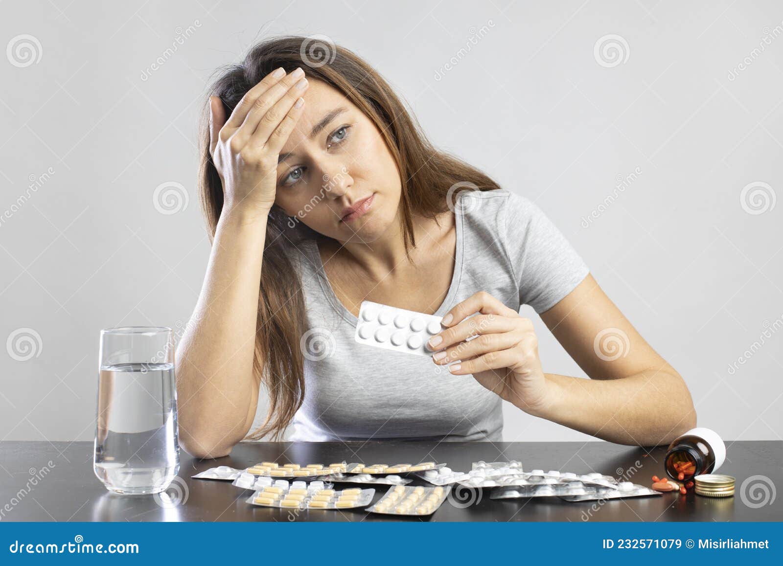 Young Woman Taking Pill Stock Image Image Of Migraine 232571079