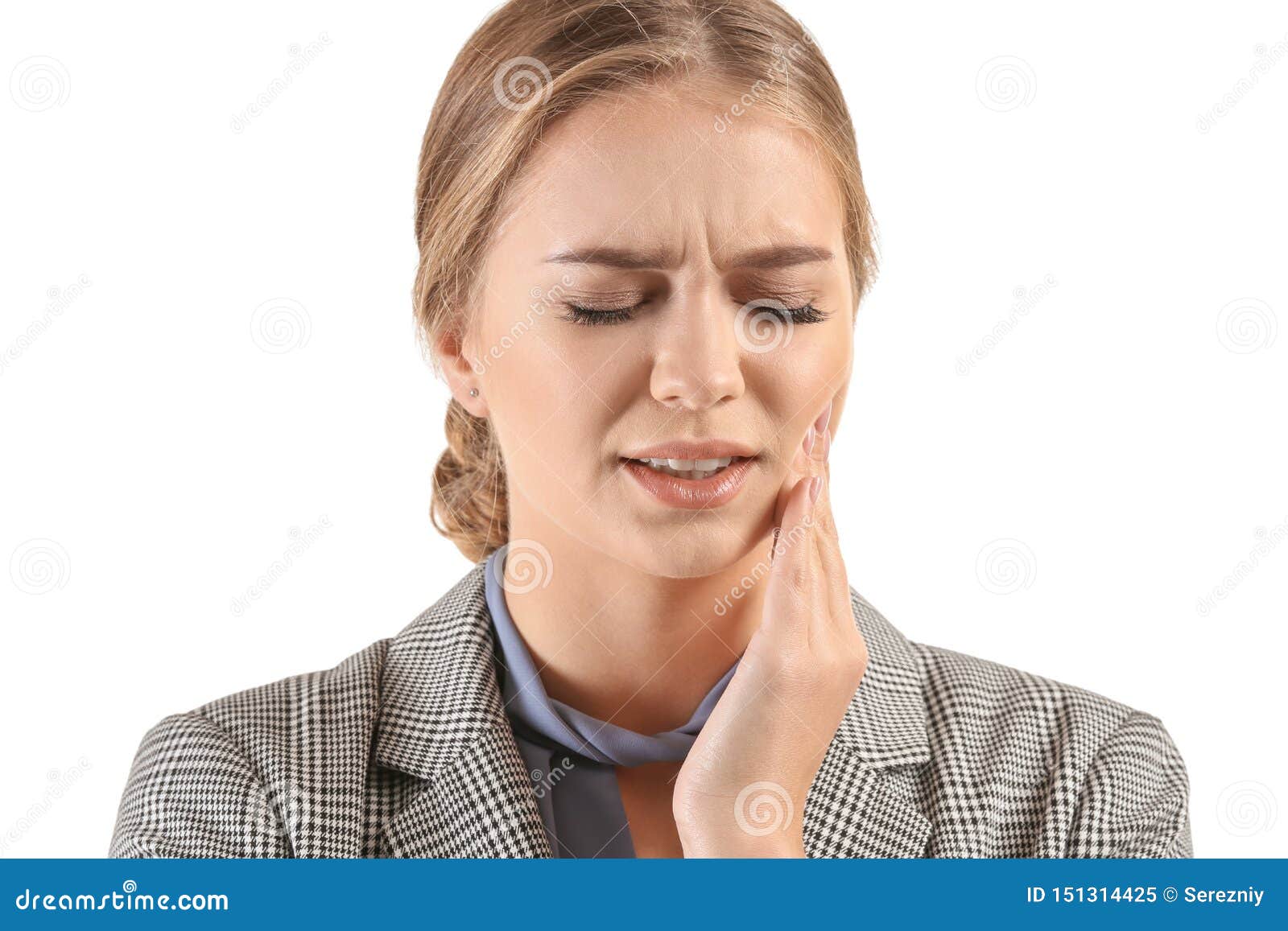 Young Woman Suffering from Tooth Ache on White Background Stock Image ...