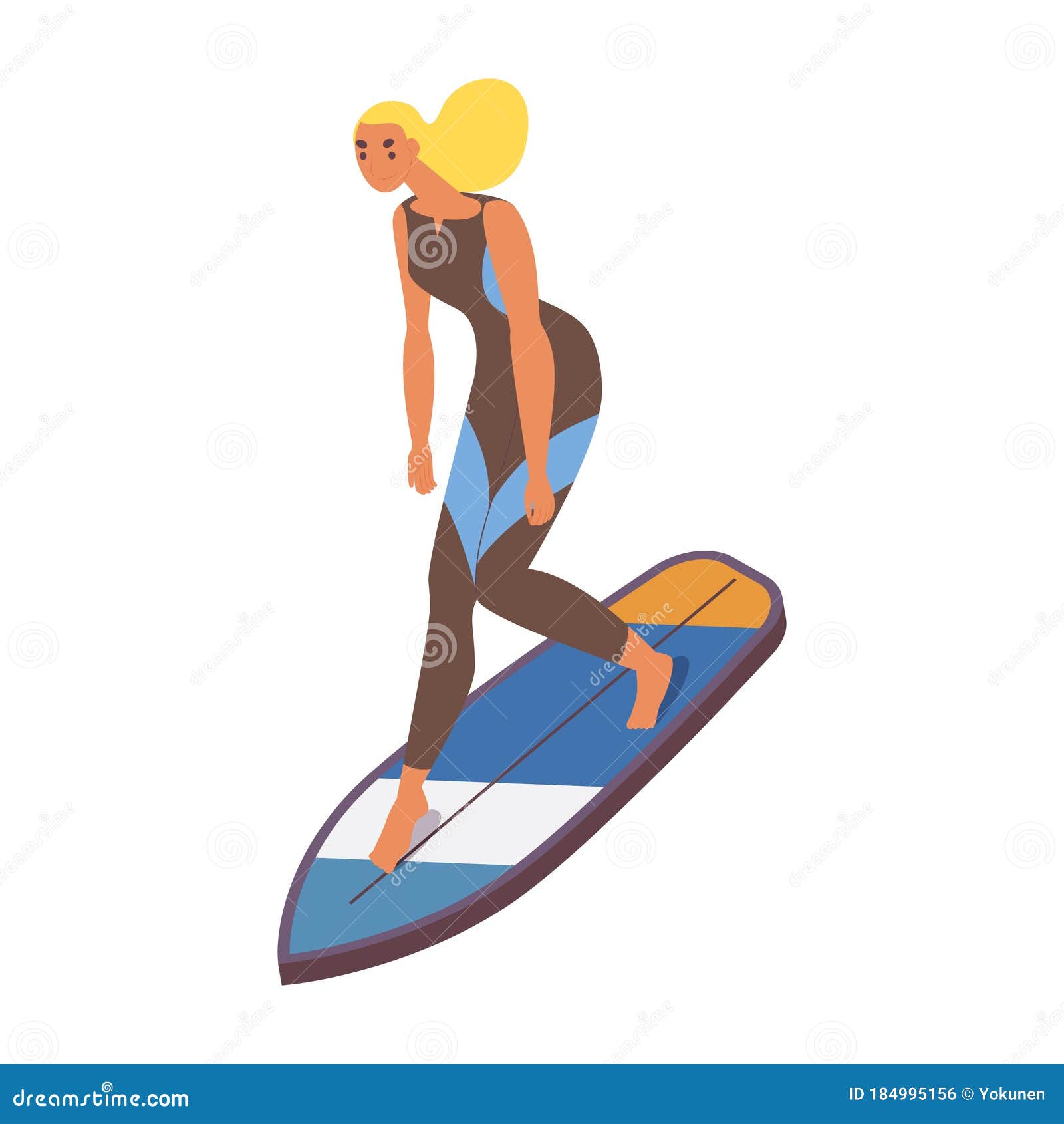 Young Woman on Surfboard. Vector Concept Character Illustration Stock ...
