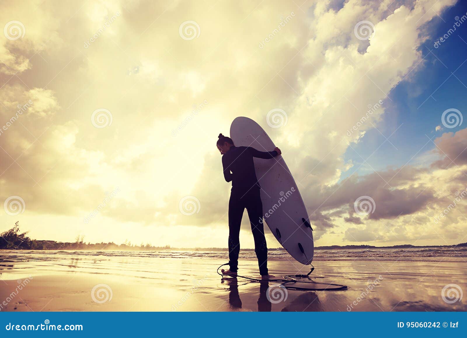 Woman surfer wit surfboard stock photo. Image of solo - 95060242