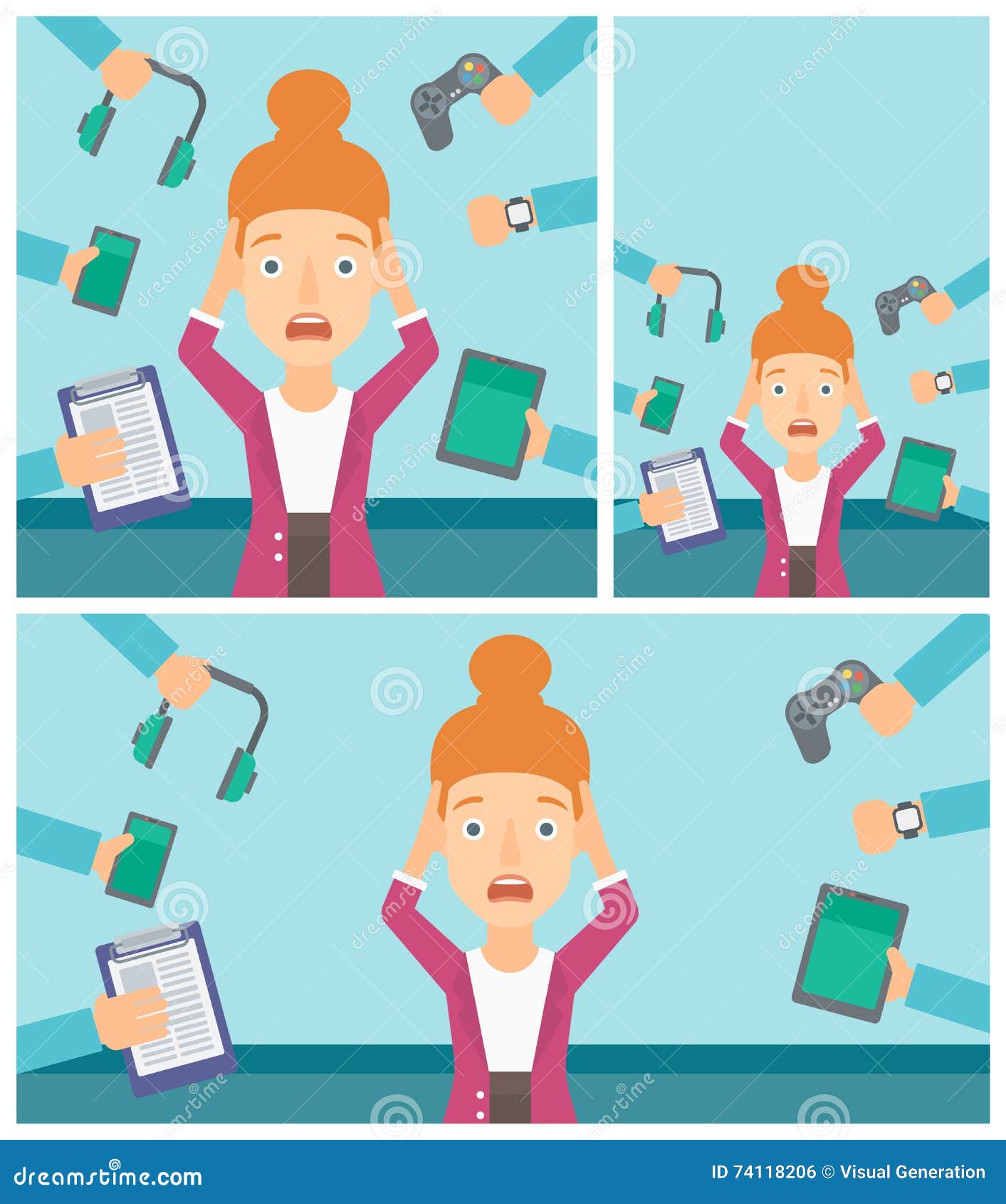 Young Woman Surrounded with Her Gadgets. Stock Vector - Illustration of ...