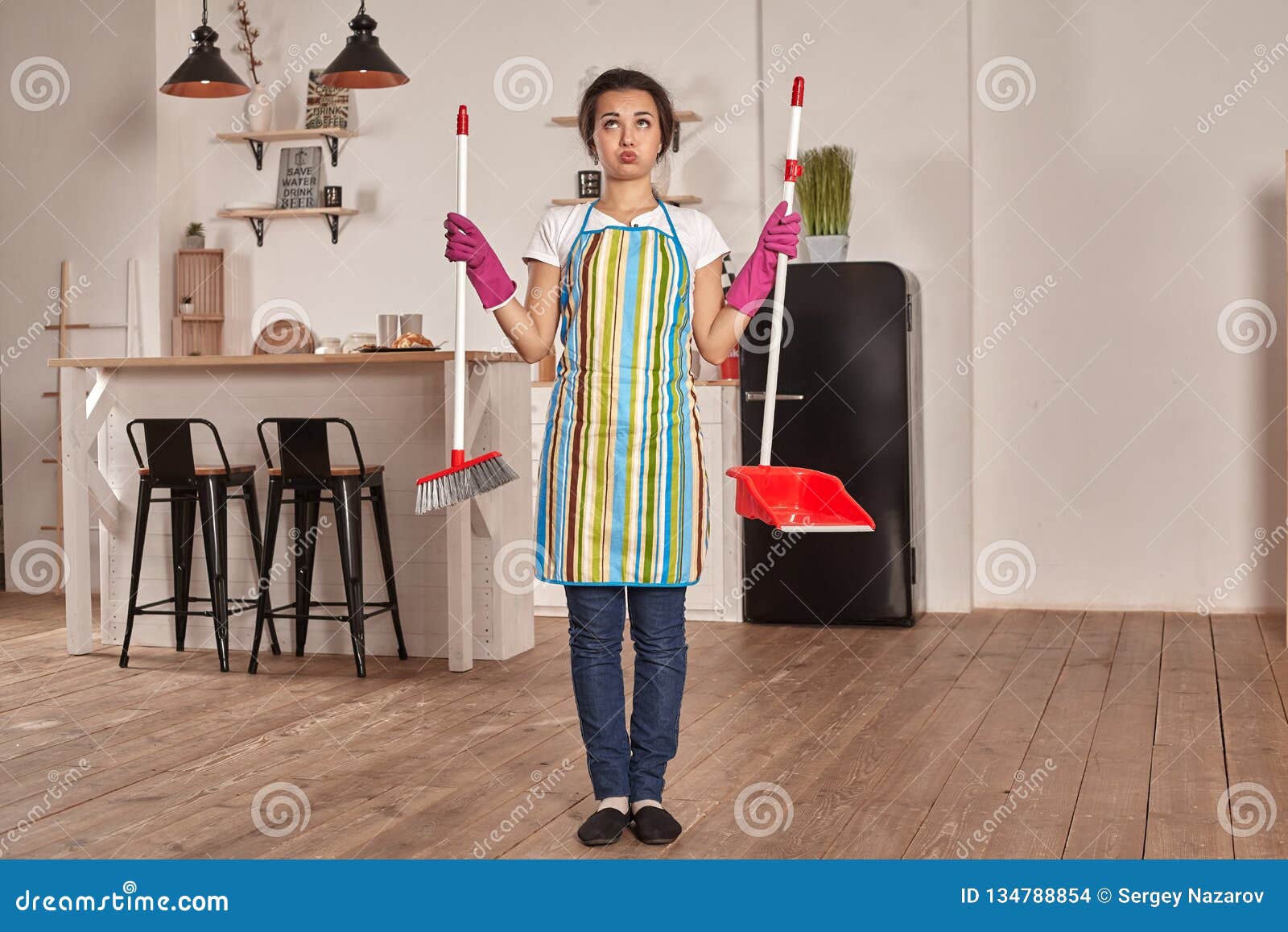 Young Woman Sweeping Floor on the Kitchen Stock Photo - Image of home ...