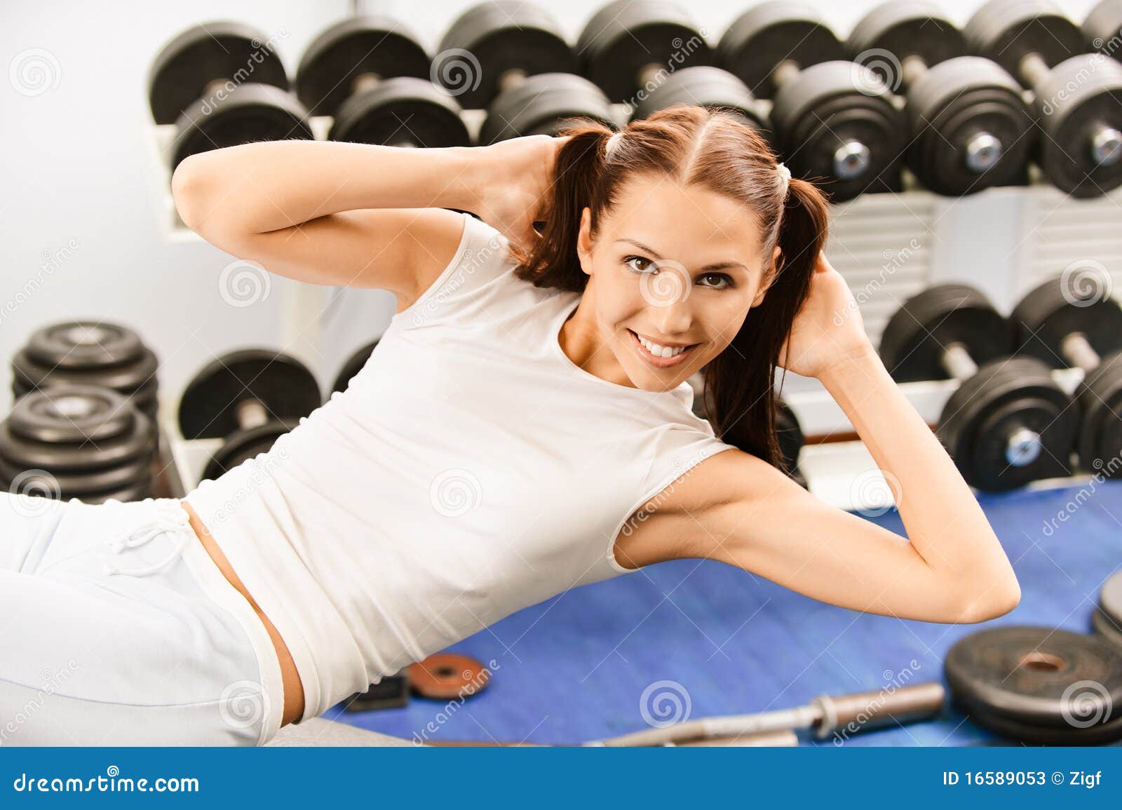 Young Woman Swings Press of Stomach Stock Image - Image of coach ...