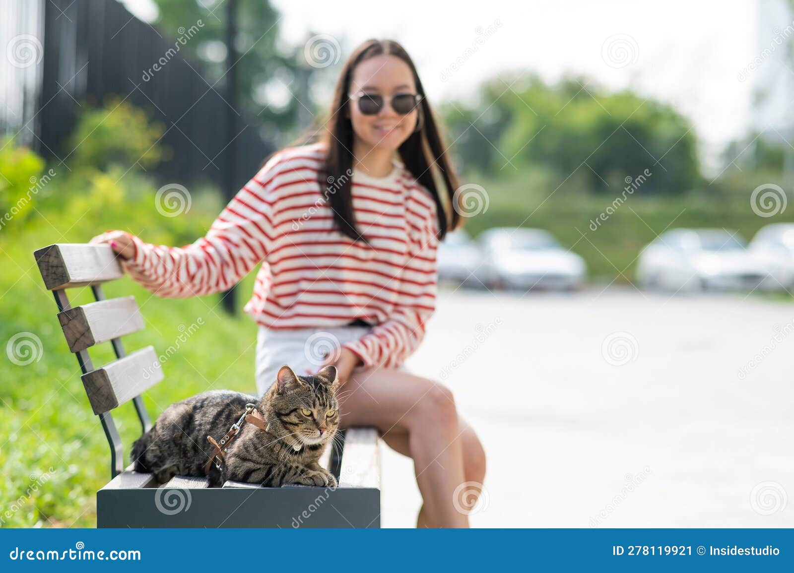 Young Woman and Tabby Cat Sitting on a Bench Outdoors. Stock Image ...