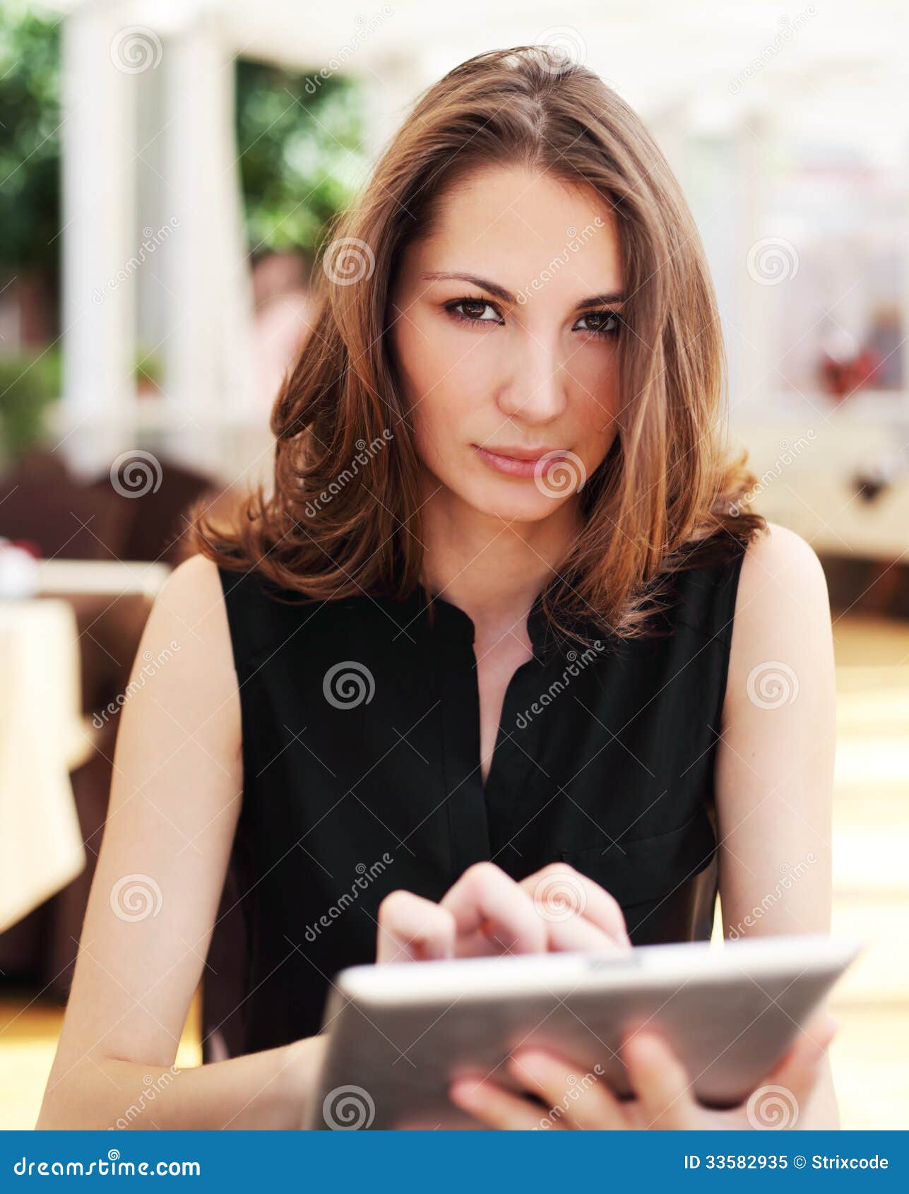 Young Woman with Tablet Computer in Cafe Stock Image - Image of good ...