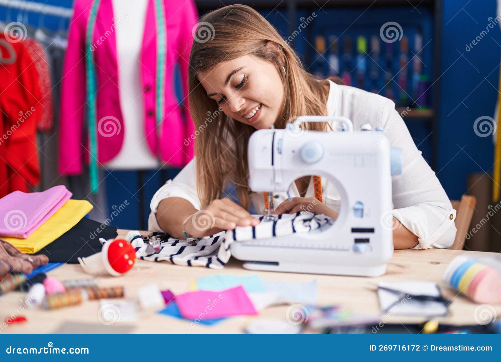 Young Woman Tailor Smiling Confident Using Sewing Machine at Sewing ...