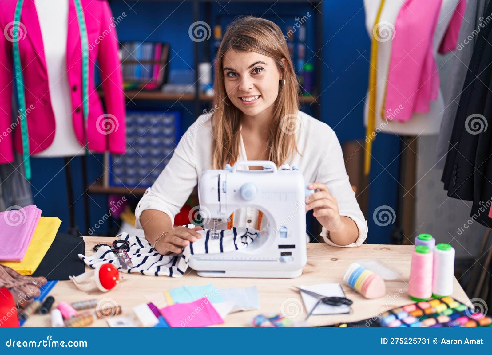 Young Woman Tailor Smiling Confident Using Sewing Machine at Sewing ...