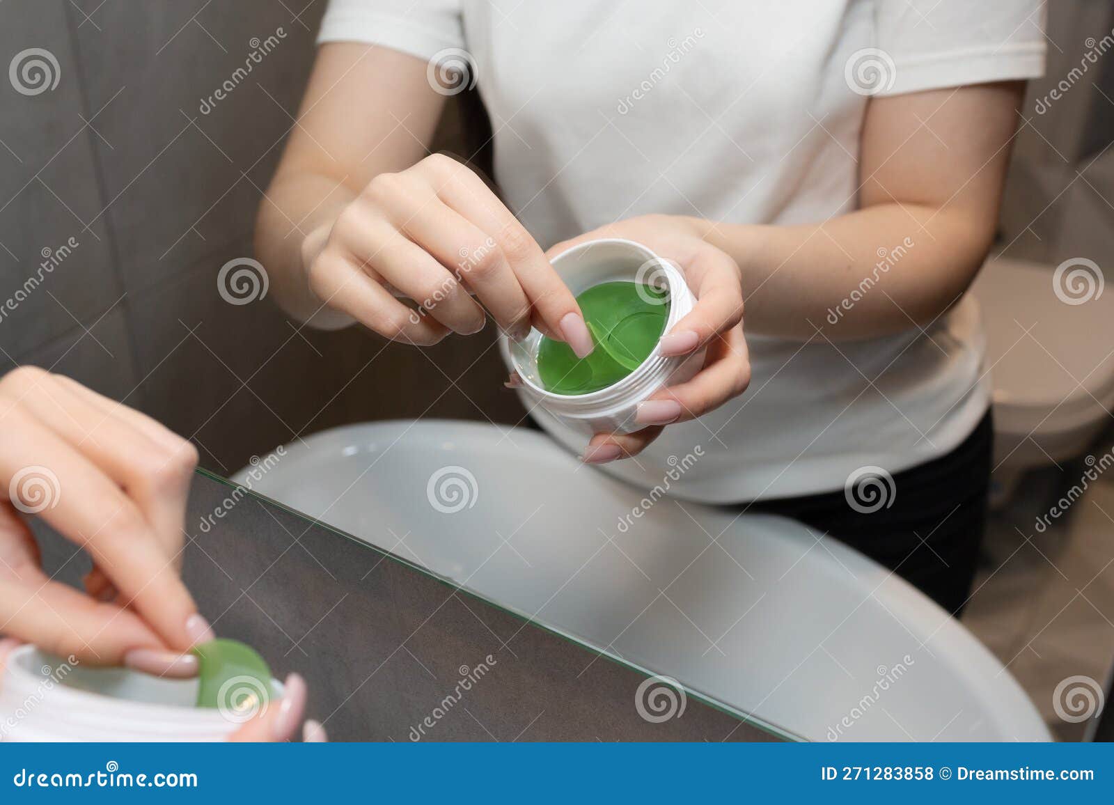 Young Woman Takes Collagen Eye Patches Morning Care For The Skin Under