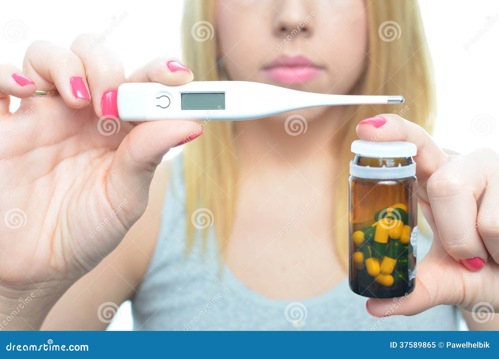Young Woman Taking Temperature and Pills Stock Image - Image of fever ...