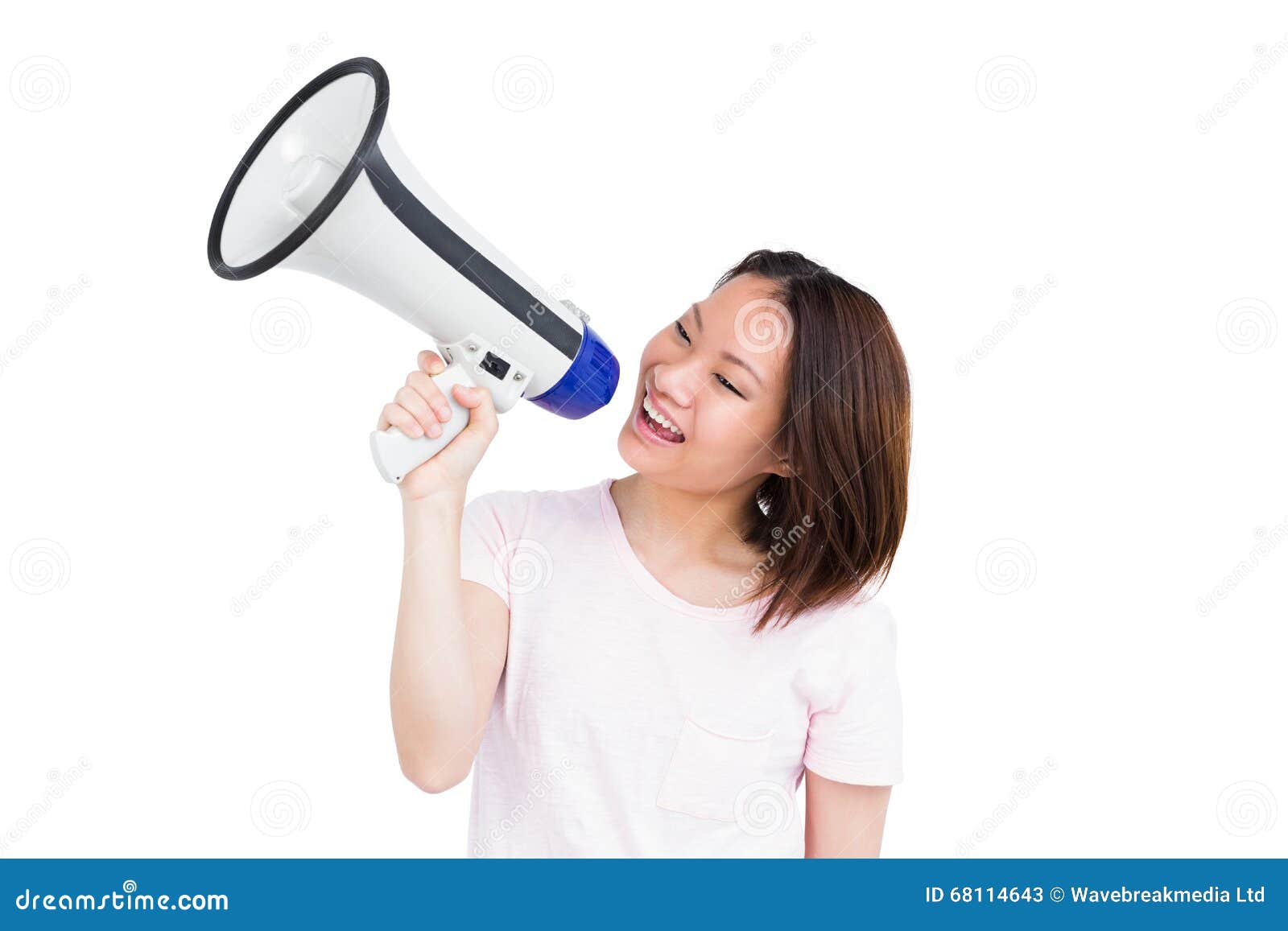 Young Woman Talking on Horn Loudspeaker Stock Image - Image of power ...