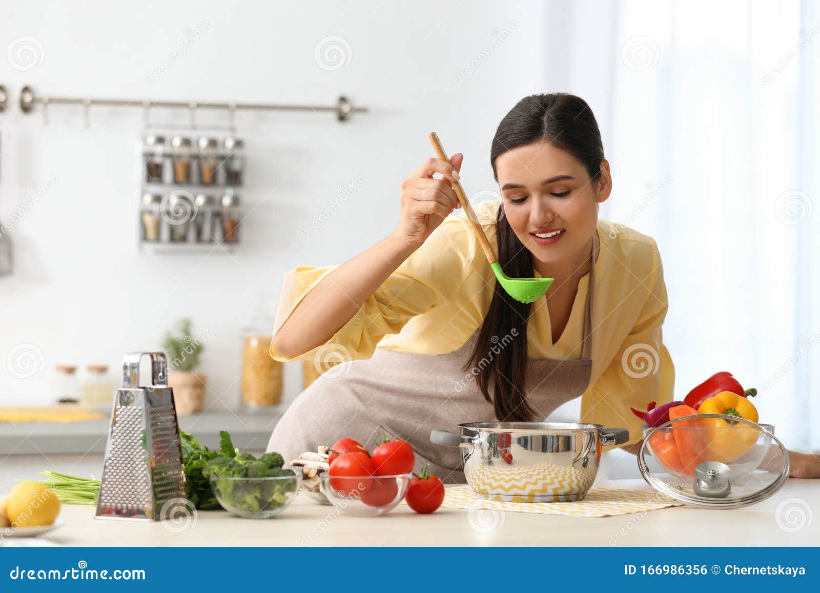 Young Woman Tasting Delicious Soup Stock Photo - Image of diet, female ...
