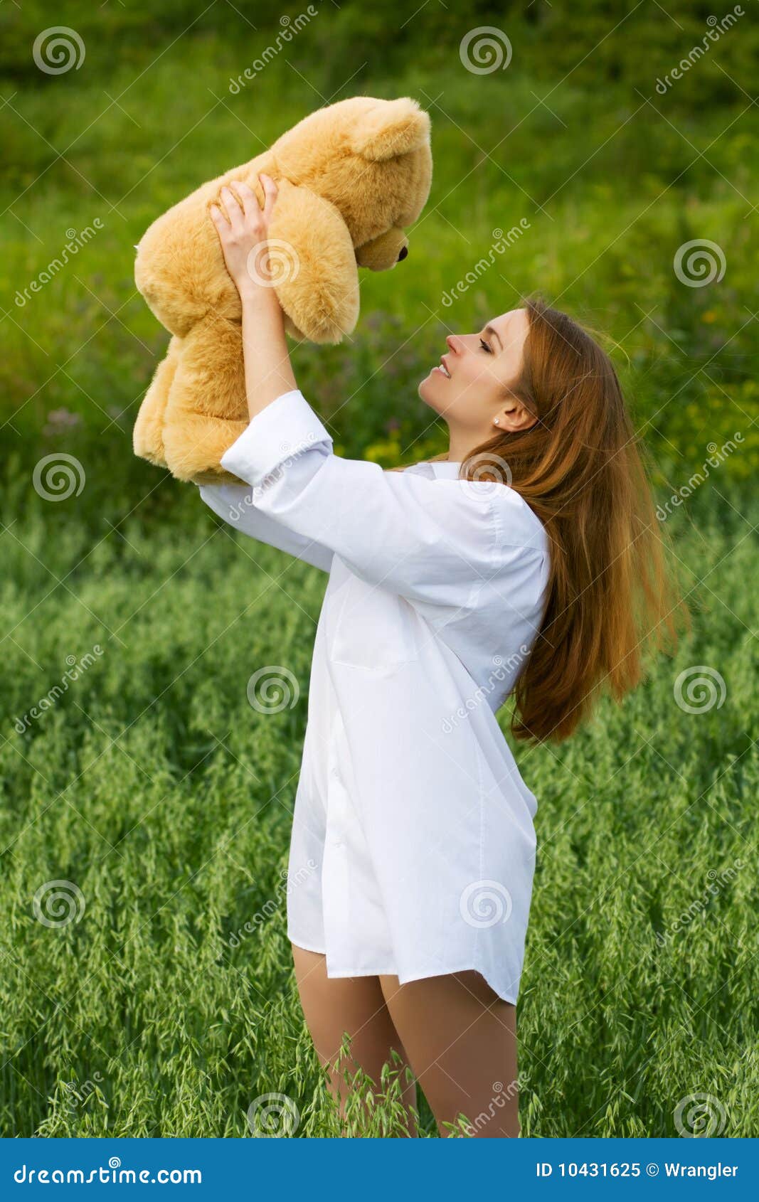 Happy Young Fashion Woman with Teddy Bear Outdoor Stock Image - Image ...