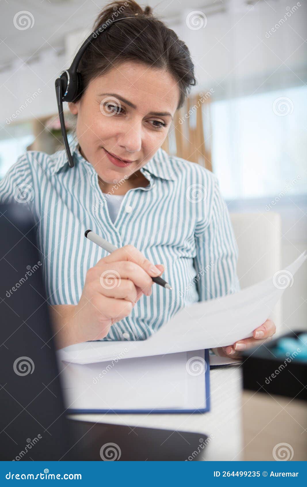 Young Woman Telephone Operator Agent with Headset Working in Office ...