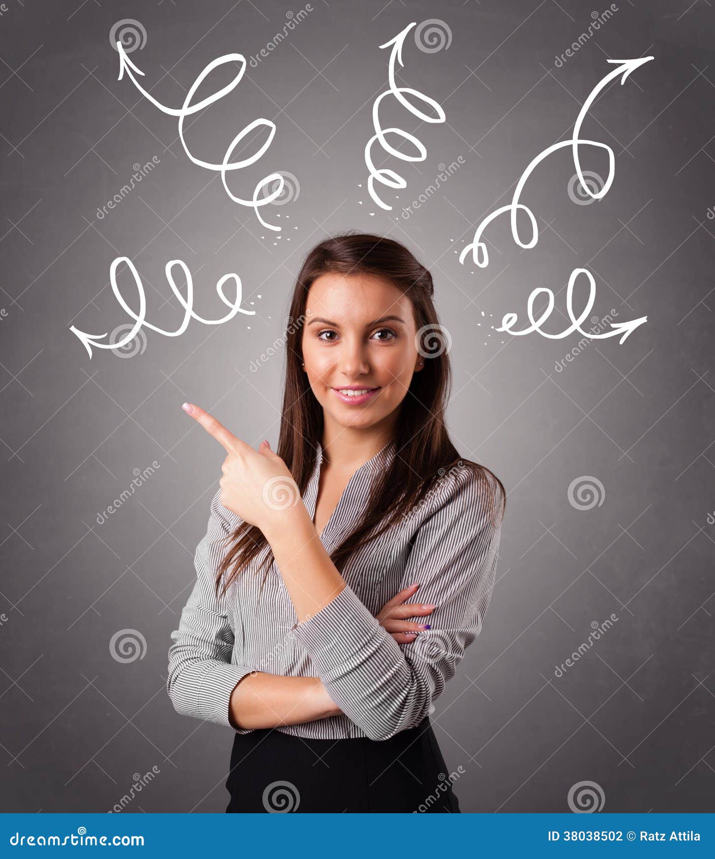 Young Woman Thinking with Arrows Overhead Stock Photo - Image of ...