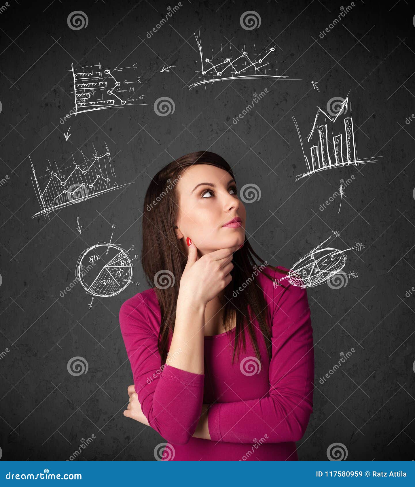Young Woman Thinking with Charts Circulation Around Her Head Stock ...