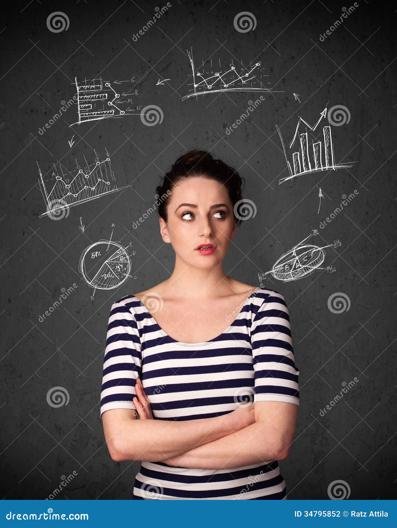 Young Woman Thinking with Charts Circulation Around Her Head Stock ...