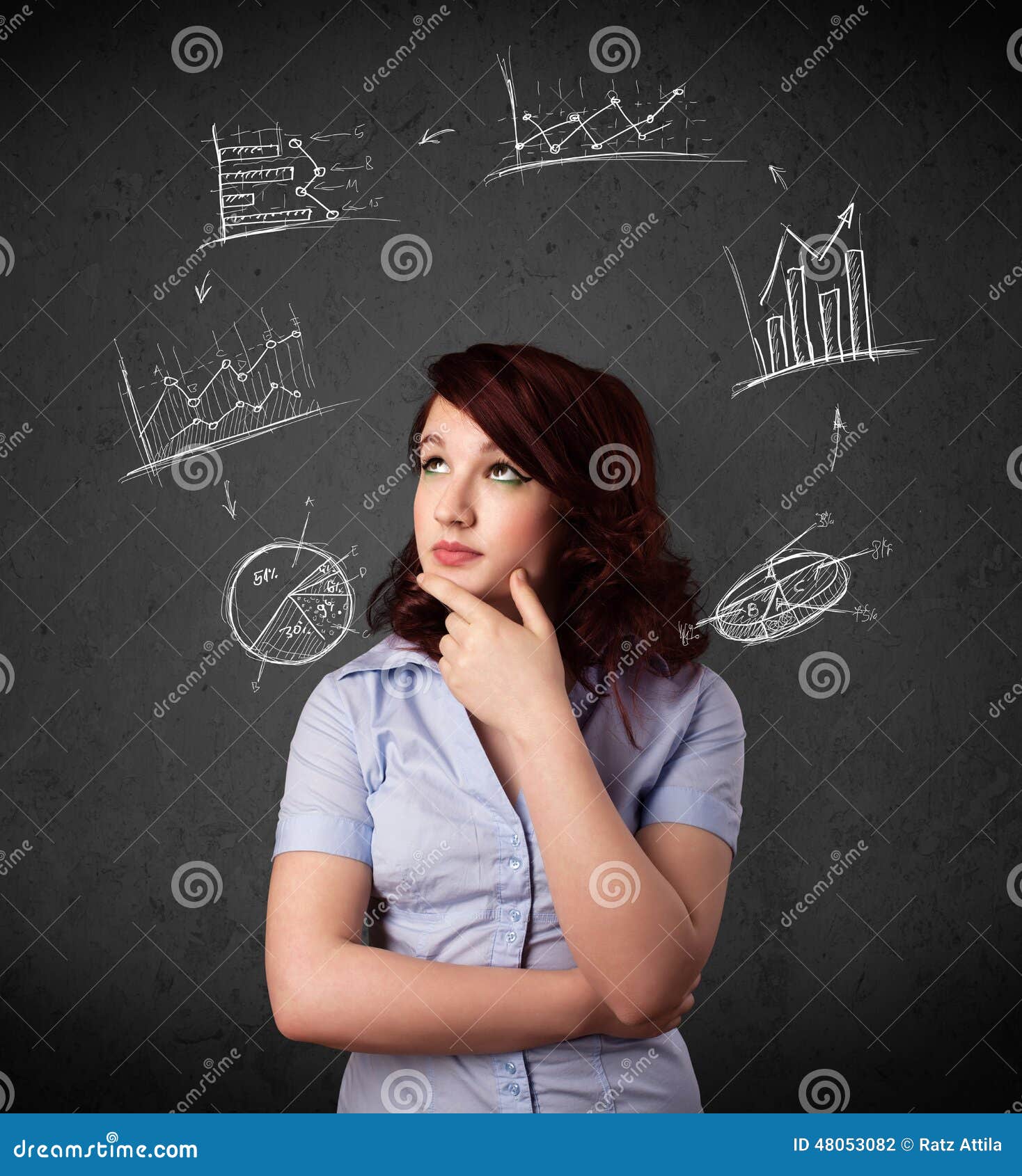 Young Woman Thinking with Charts Circulation Around Her Head Stock ...