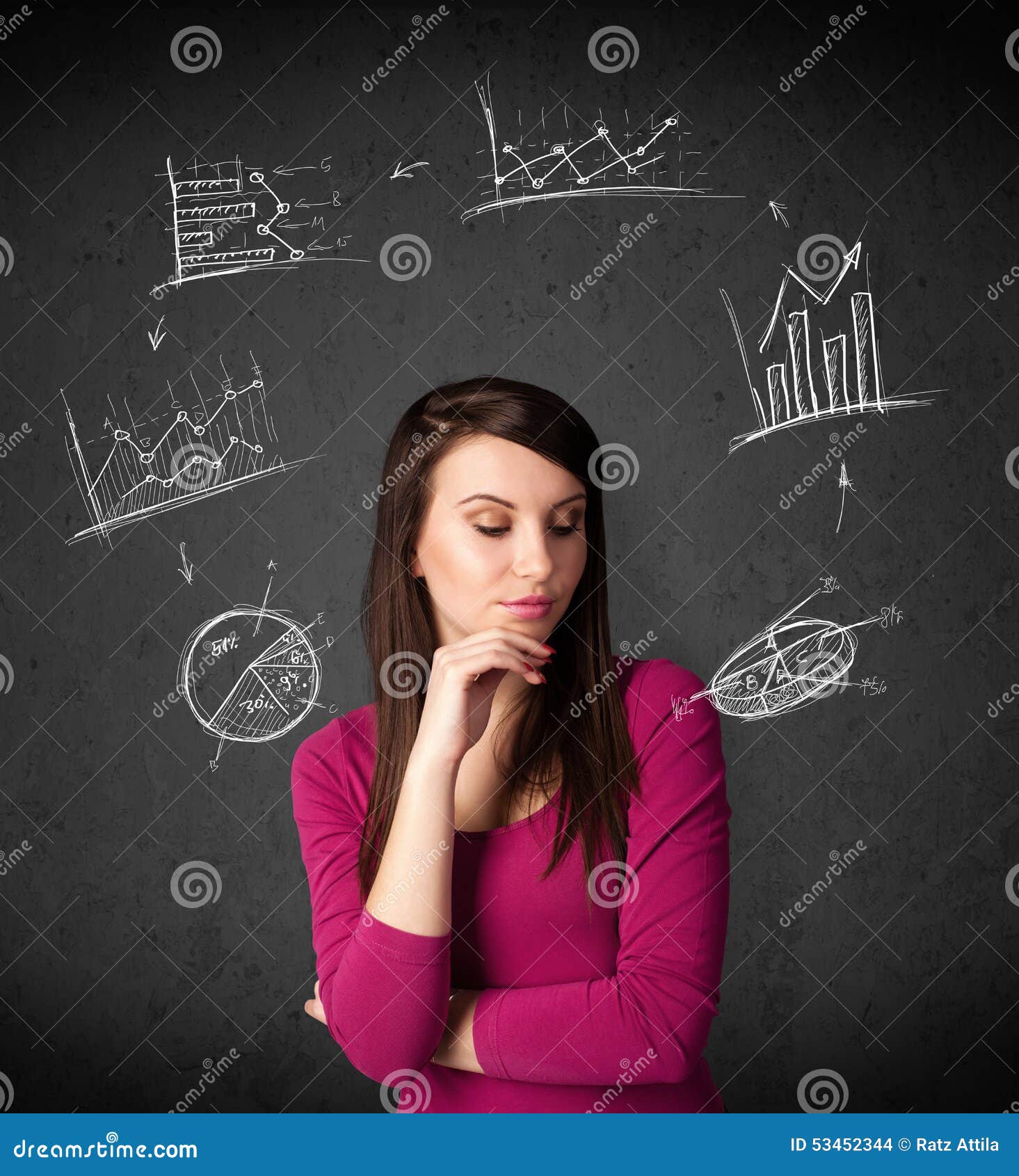 Young Woman Thinking with Charts Circulation Around Her Head Stock ...
