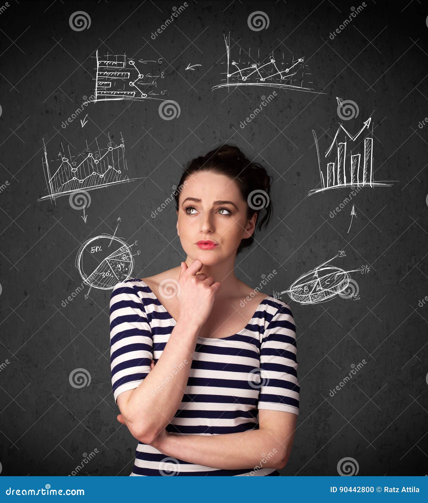 Young Woman Thinking with Charts Circulation Around Her Head Stock ...