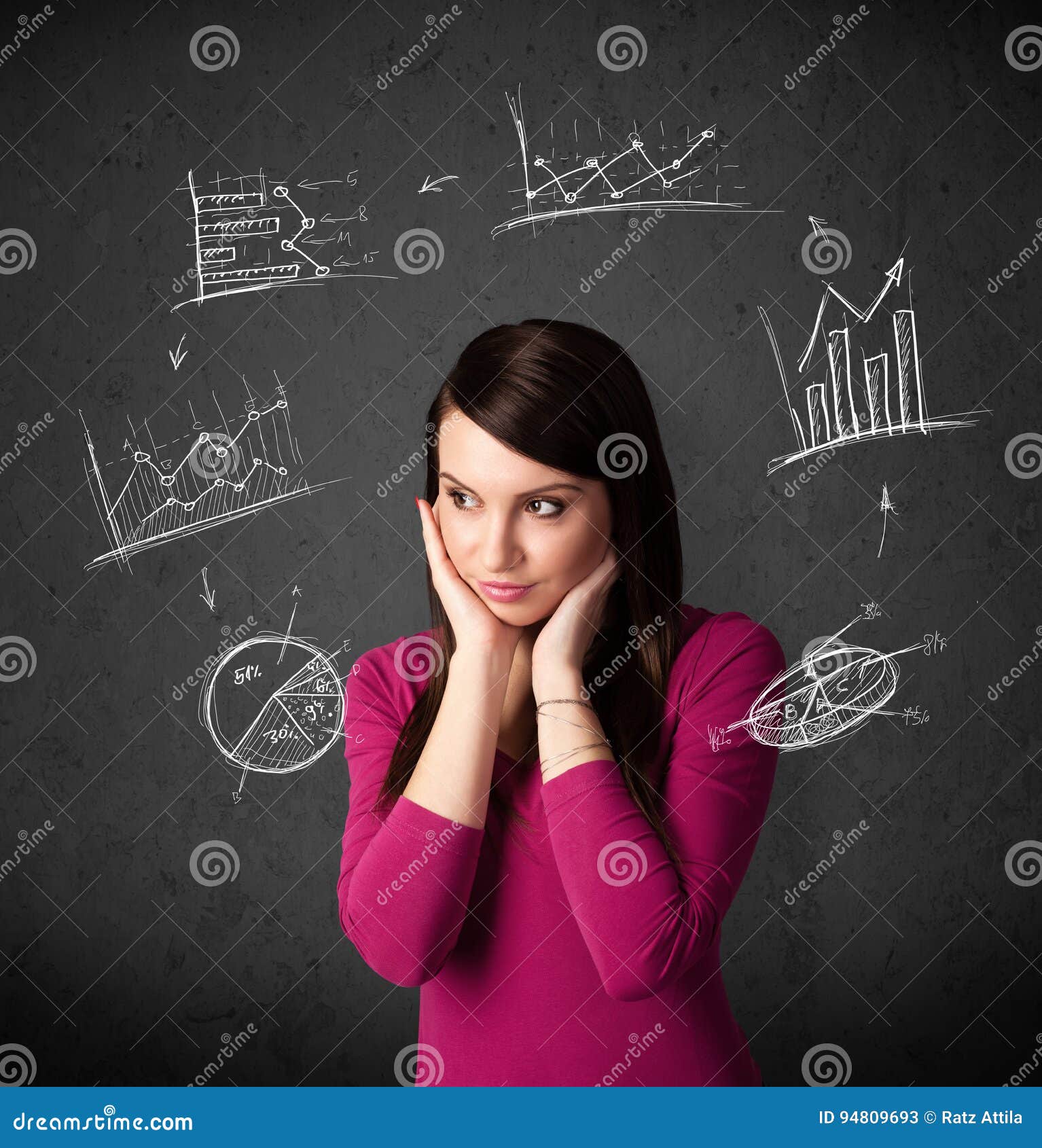 Young Woman Thinking with Charts Circulation Around Her Head Stock ...