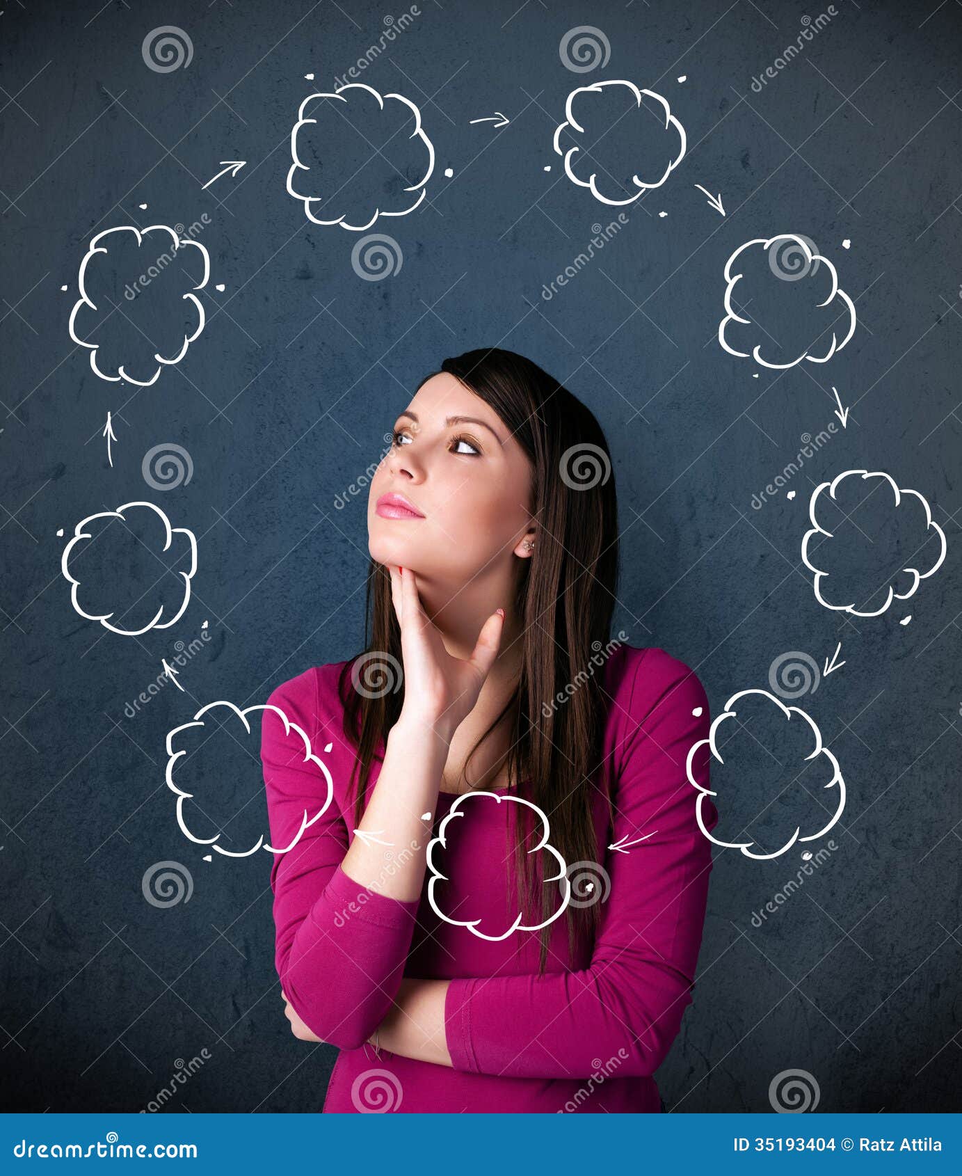 Young Woman Thinking with Cloud Circulation Around Her Head Stock Photo ...