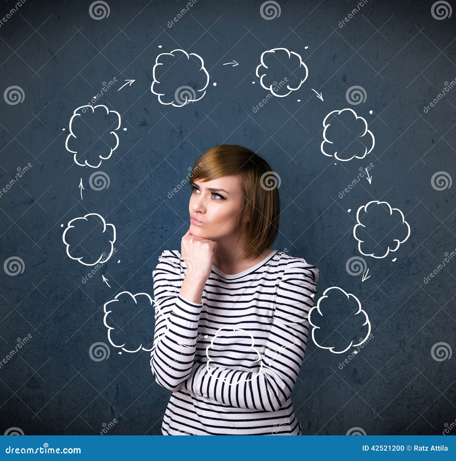 Young Woman Thinking with Cloud Circulation Around Her Head Stock Photo ...