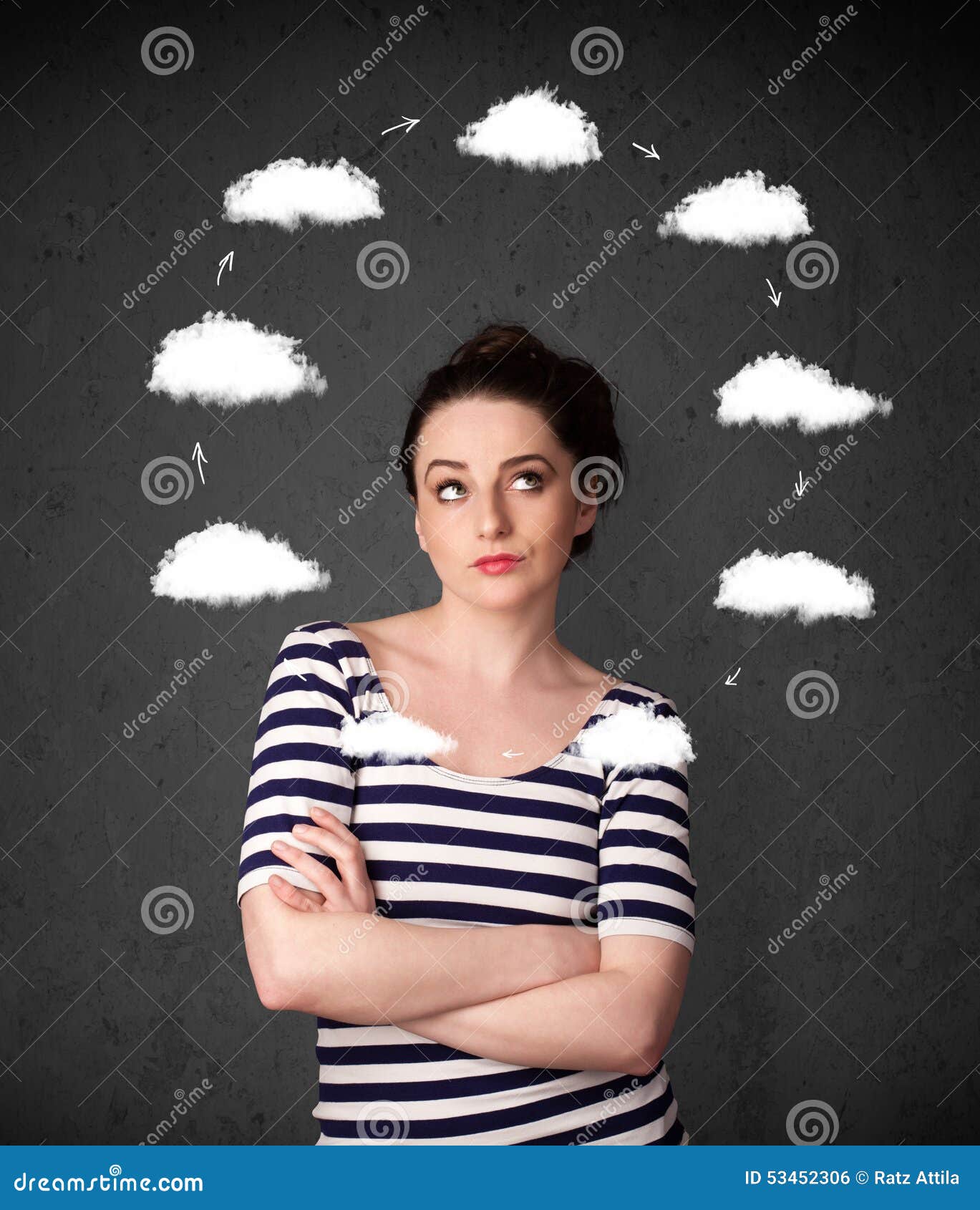 Young Woman Thinking with Cloud Circulation Around Her Head Stock Photo ...